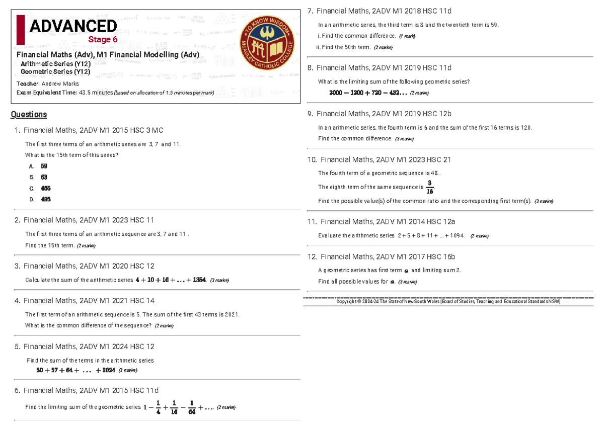 Week 5 Series and Sequences - 1. Financial Maths, 2ADV M1 2015 HSC 3 MC 2. Financial Maths, 2ADV ...