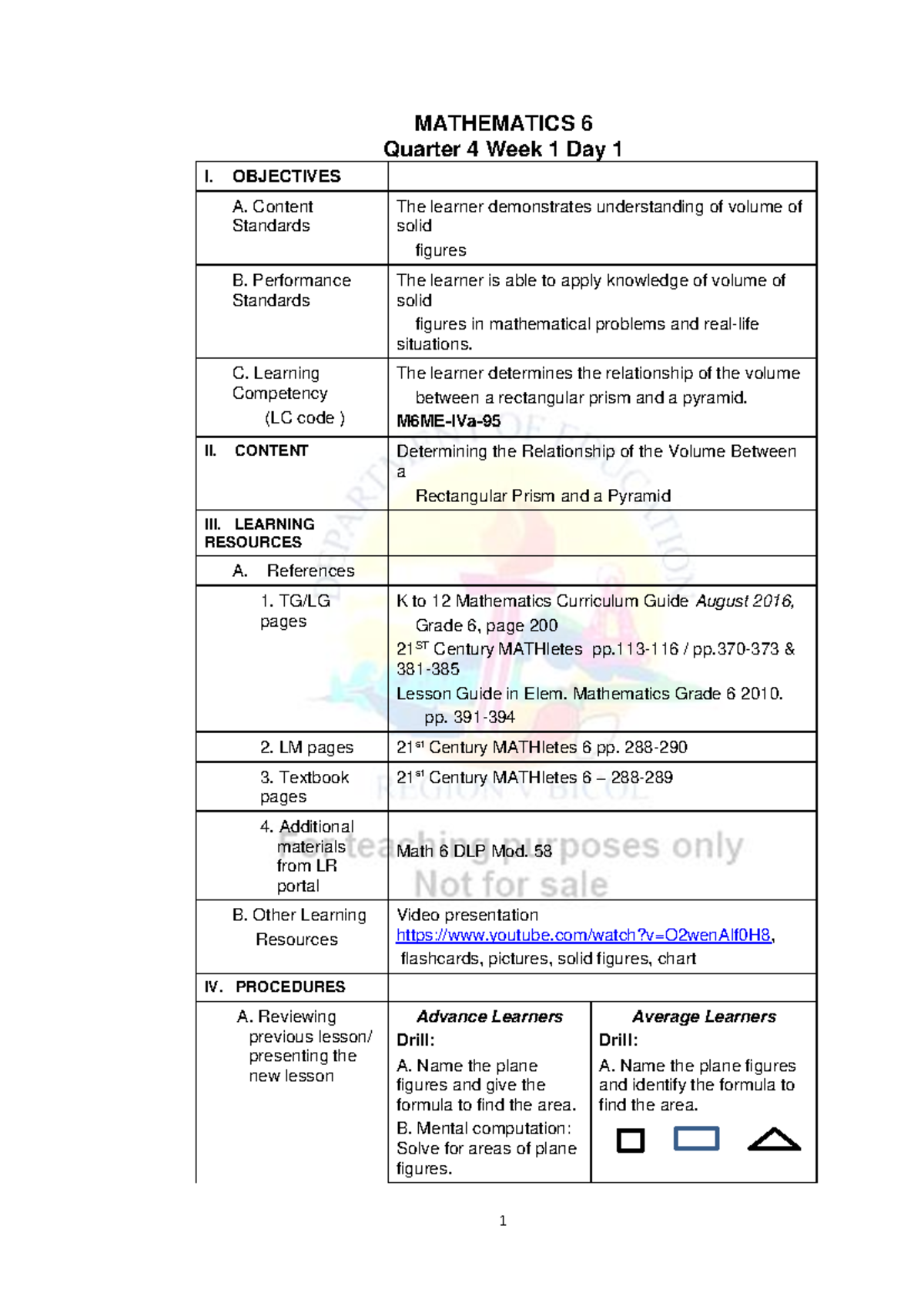 Mathematics 6 Q4 W1: Volume Relationships - Prism, Pyramid, and More ...