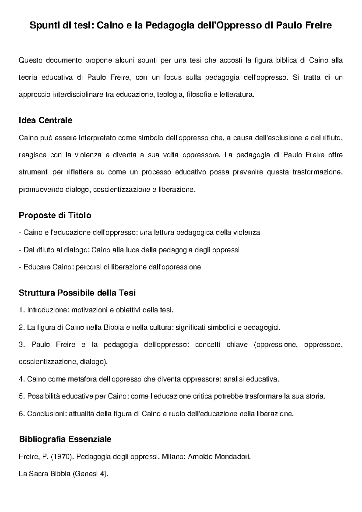 Tesi: Caino e la Pedagogia di Paulo Freire - Un'Analisi ...