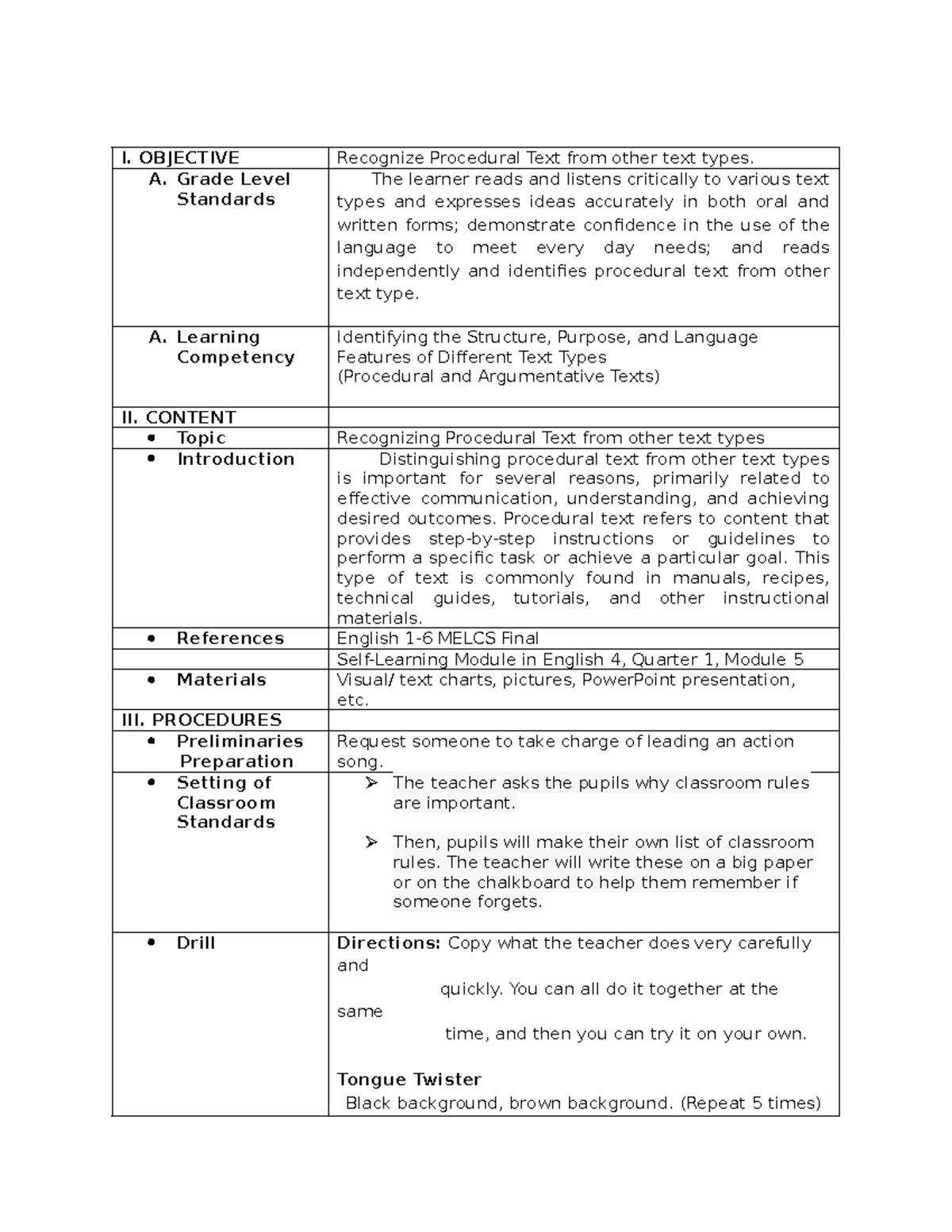 English 4 MELCS Final Lesson Plan: Recognizing Procedural Texts - Studocu