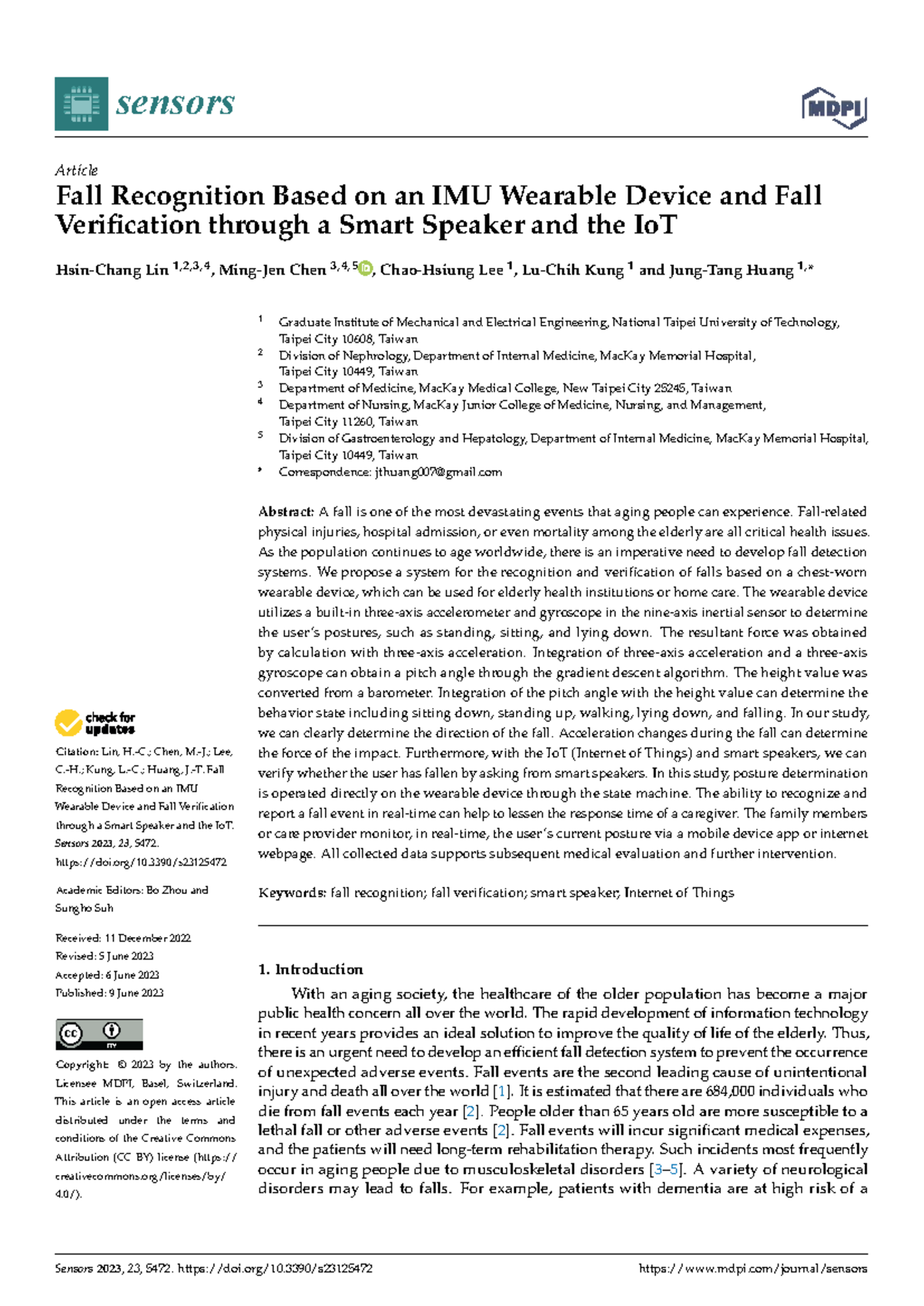 Fall Detection System Using IMU Wearable Device and Smart Speaker IoT ...