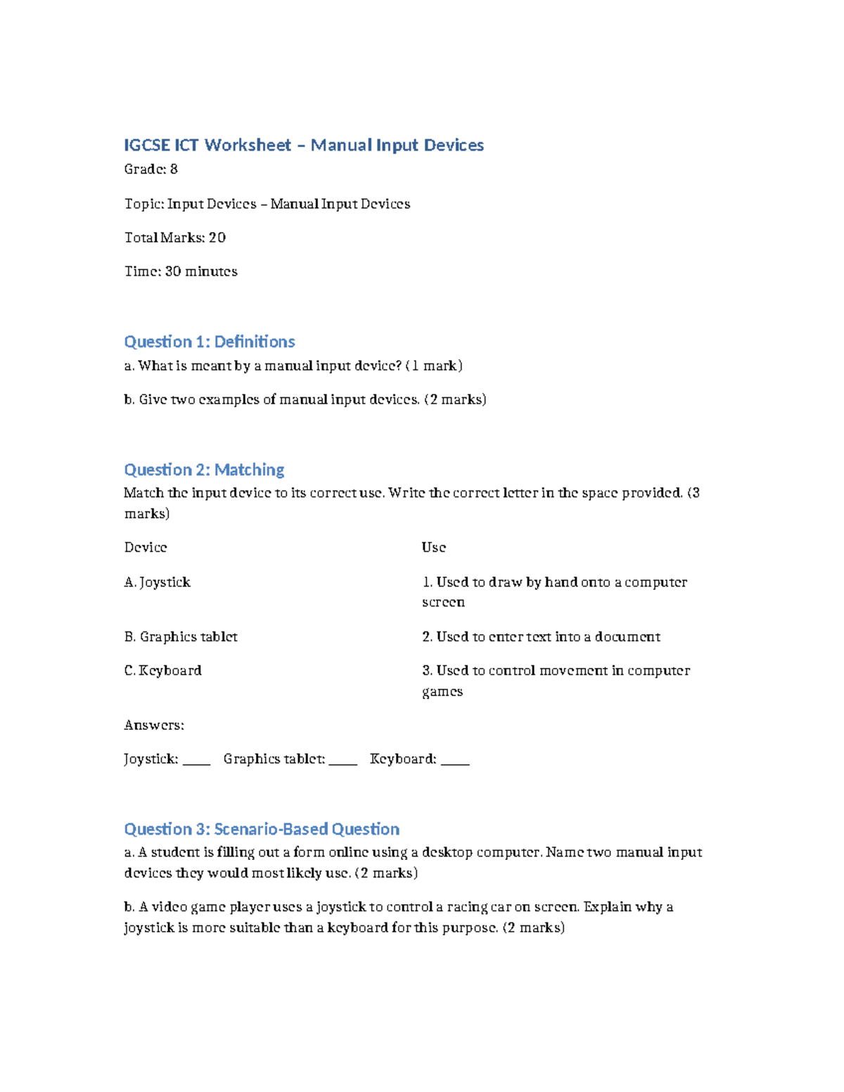 IGCSE ICT Grade 8 Worksheet: Manual Input Devices - Studocu
