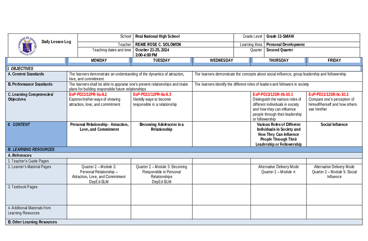 Q2 Week 2 - Lesson Log for Personal Development (Grade 11) - Studocu