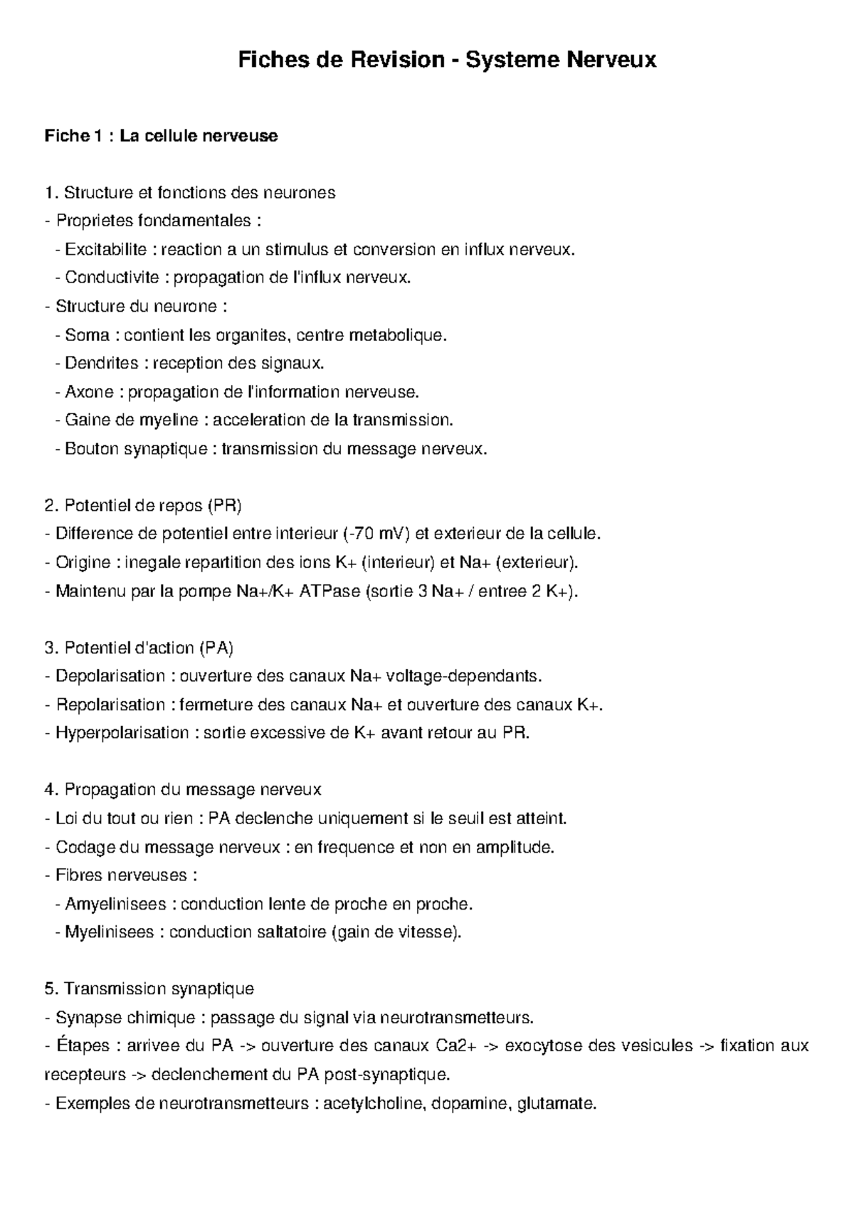 Fiches de Révision Système Nerveux - Fiche 1 : La Cellule Nerveuse ...
