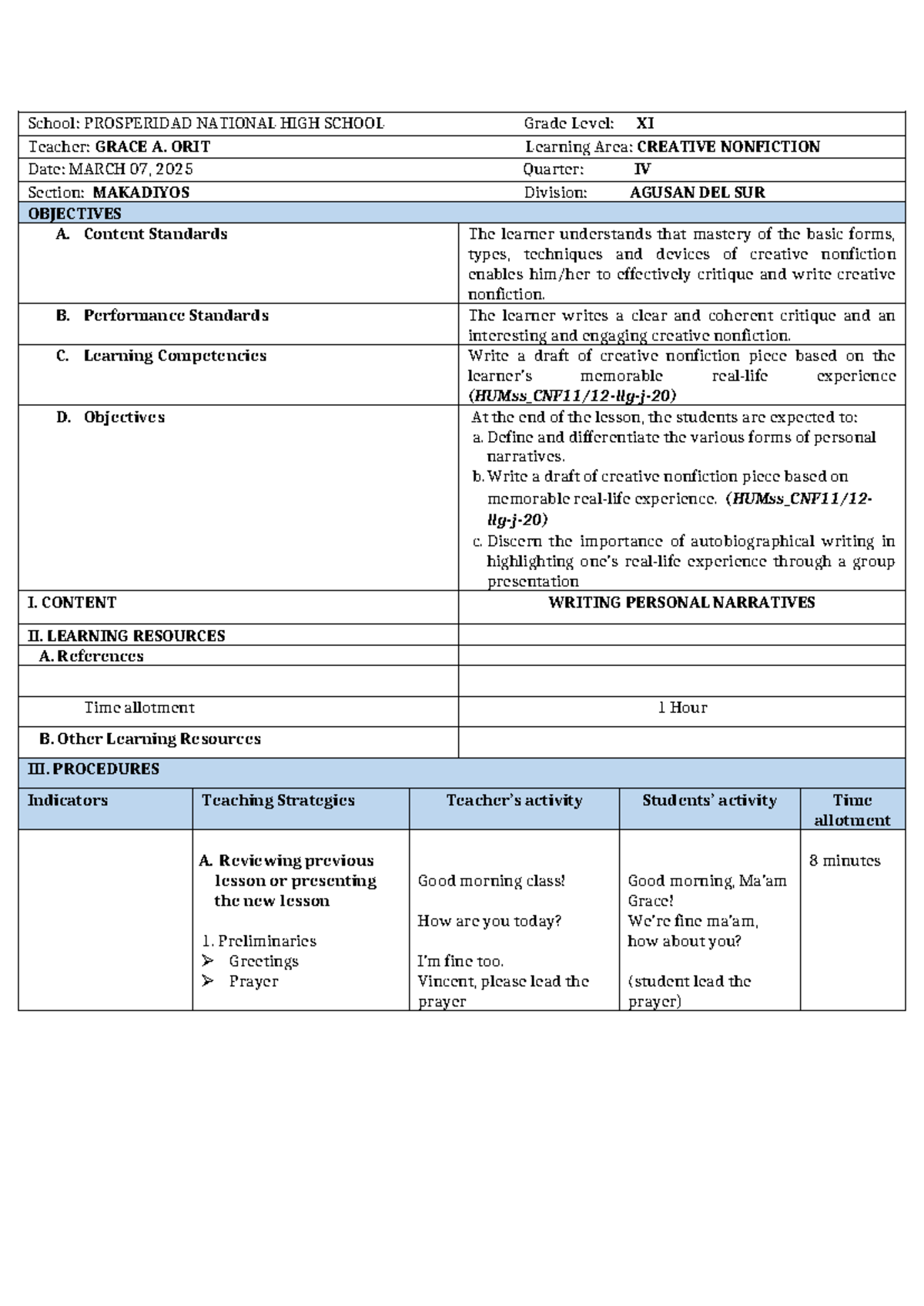 LP CNF - Creative Nonfiction Lesson Plan for Grade 11 Students - Studocu