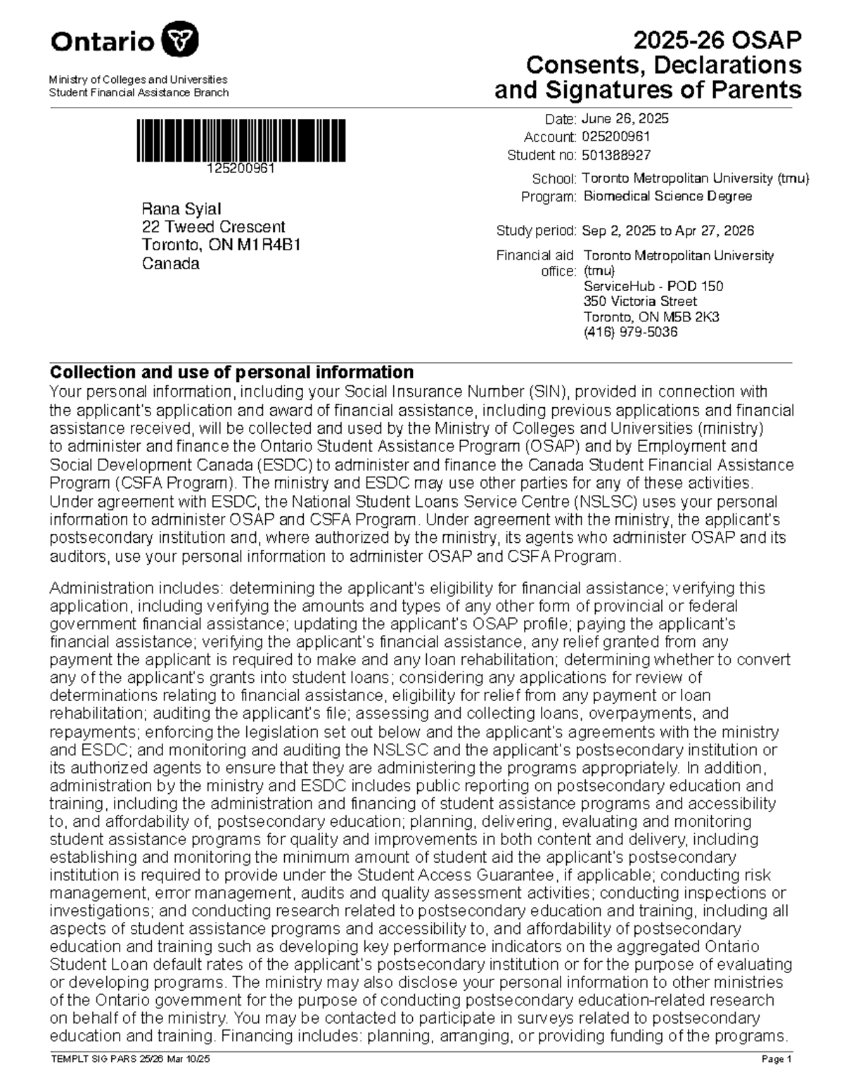 OSAP Parental Consent Form - Rana Syial (EUBF 125200961) - Studocu