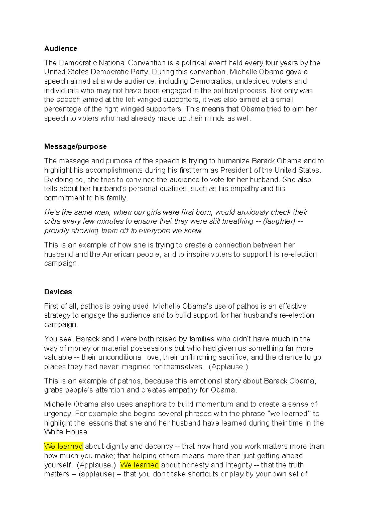 Analyzing Michelle Obama's Speech at the DNC (DNC) - Studeersnel