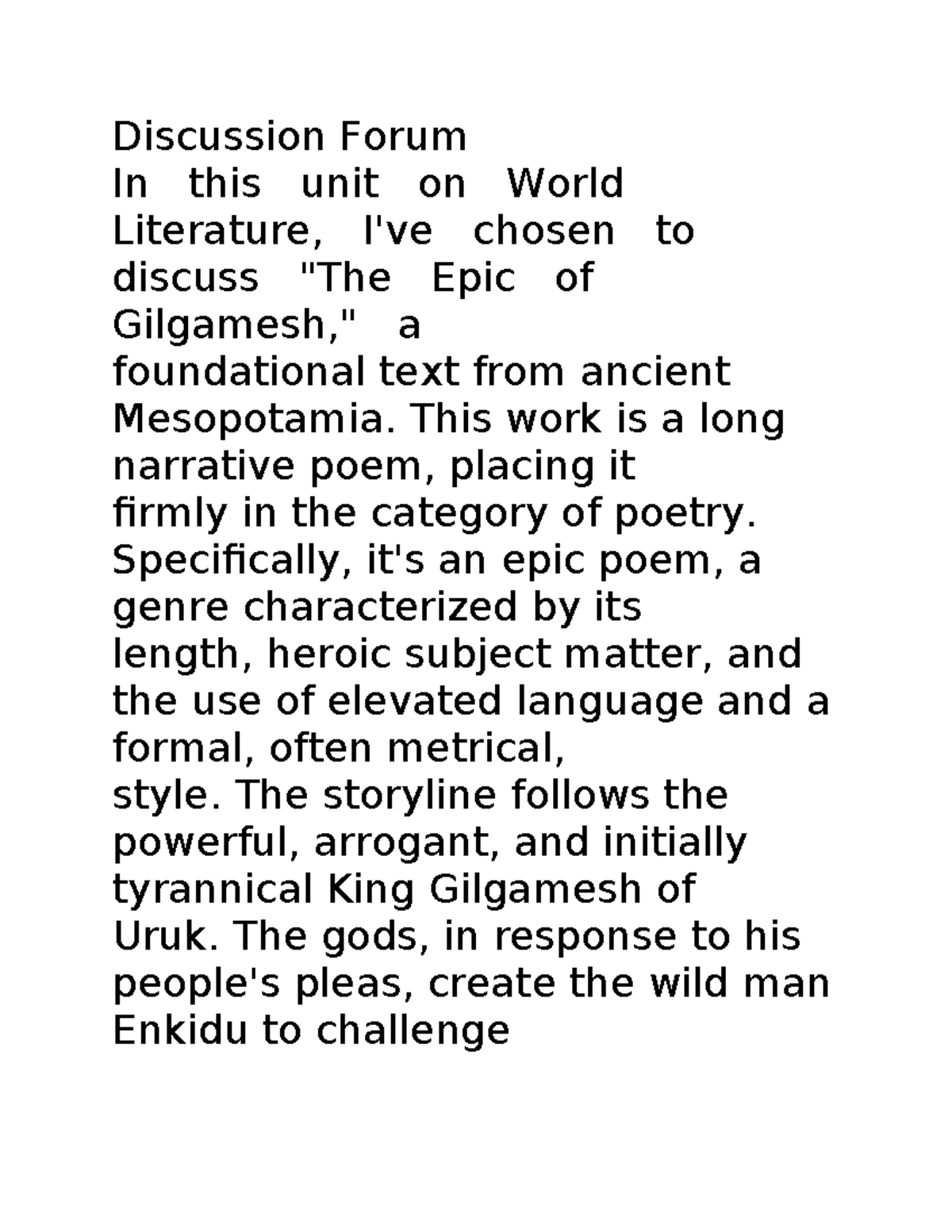 ENGL 1405 Unit 1 Discussion: The Epic of Gilgamesh - Studocu