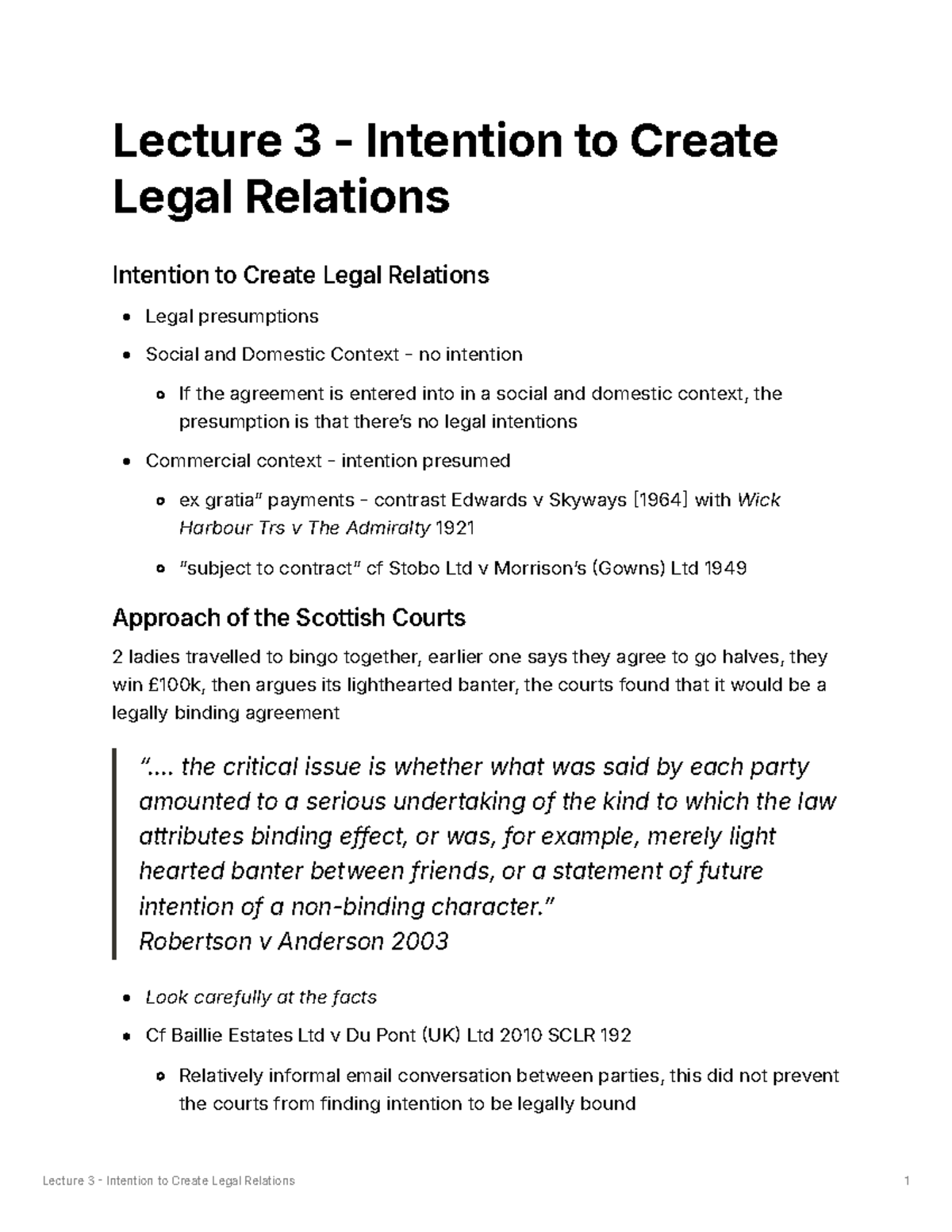 Obs 1B Lecture 3 - Lecture 3 - Intention to Create Legal Relations ...