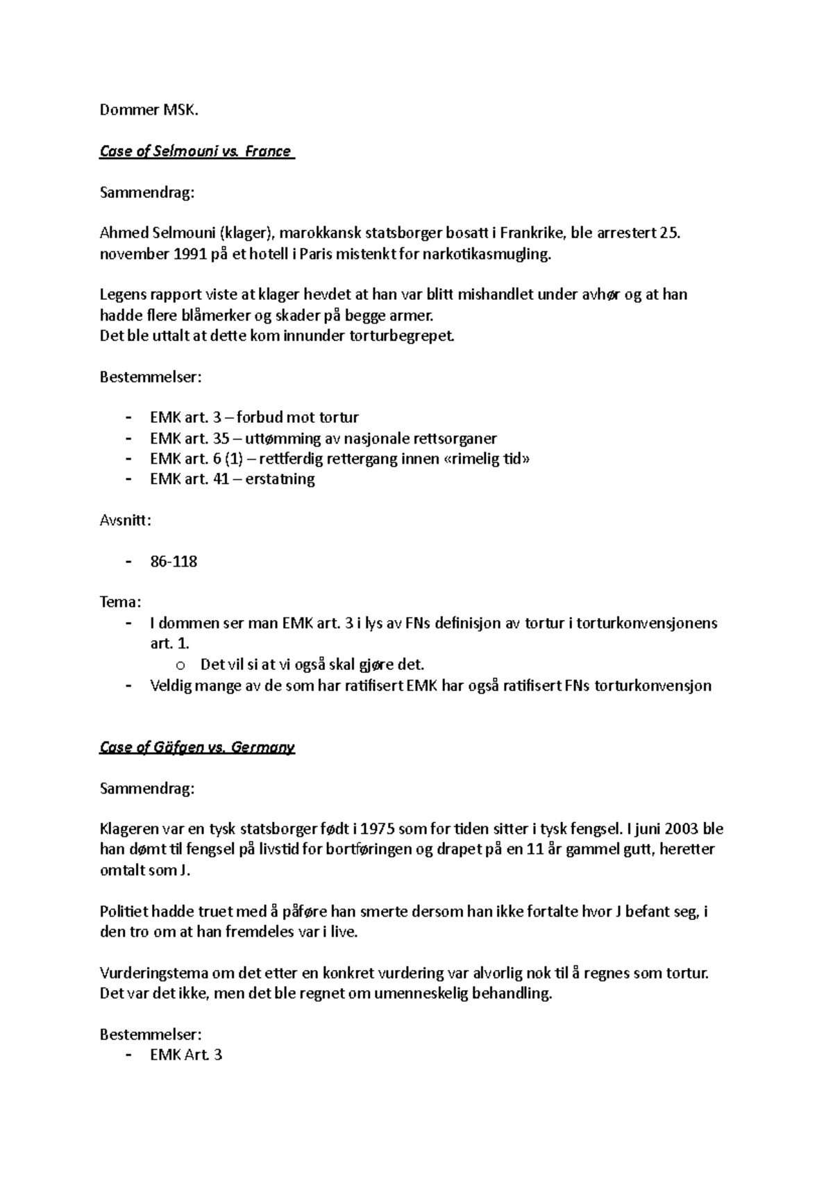Sammenstilling av Dommer om Menneskerettigheter og Tortur - MSK - Studocu