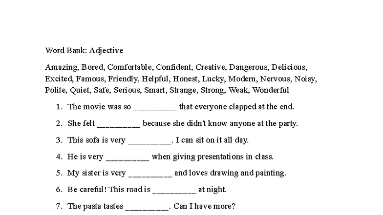 Adj A2 - Adjective Word Bank and Usage Examples - Studocu