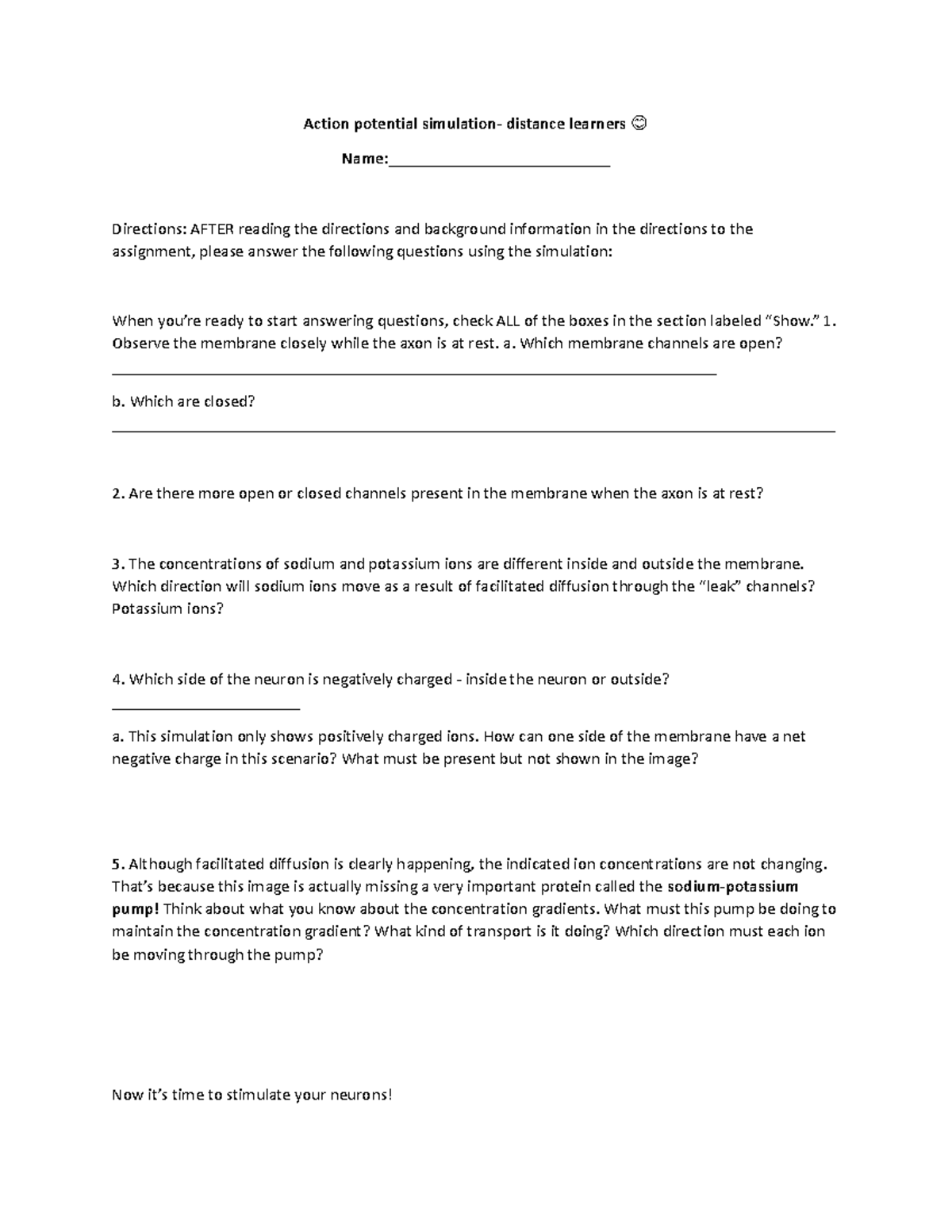 Action Potential Simulation Questions for Distance Learners - AP1001 ...