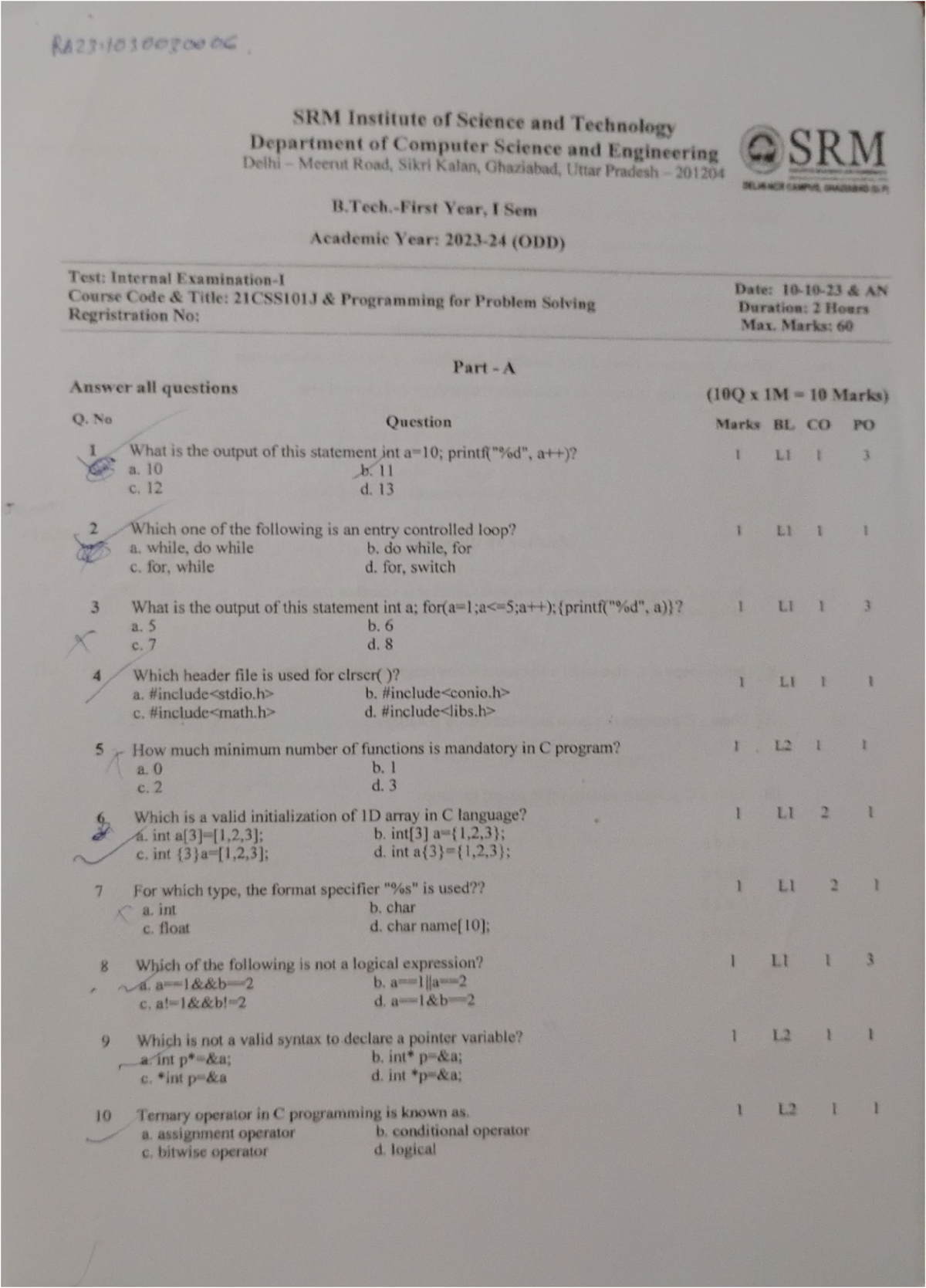 Pps Question Paper Srm Institute Of Science And Technology Department Of Computer Science