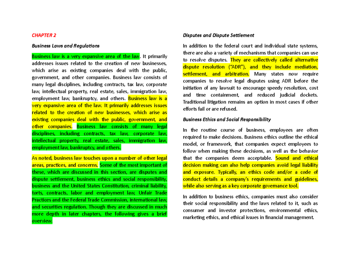 Chapter 2 - Business Laws and Regulations - Studocu
