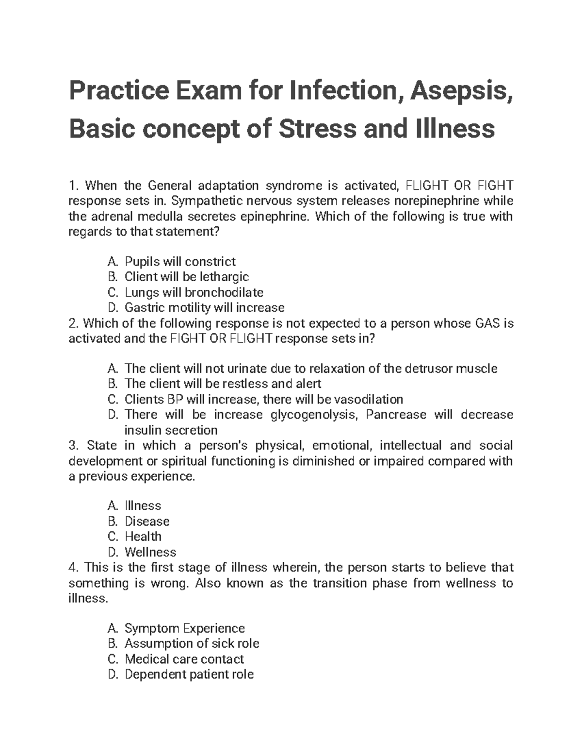 Practice Exam for Infection, Asepsis, Stress and Illness Concepts - Studocu