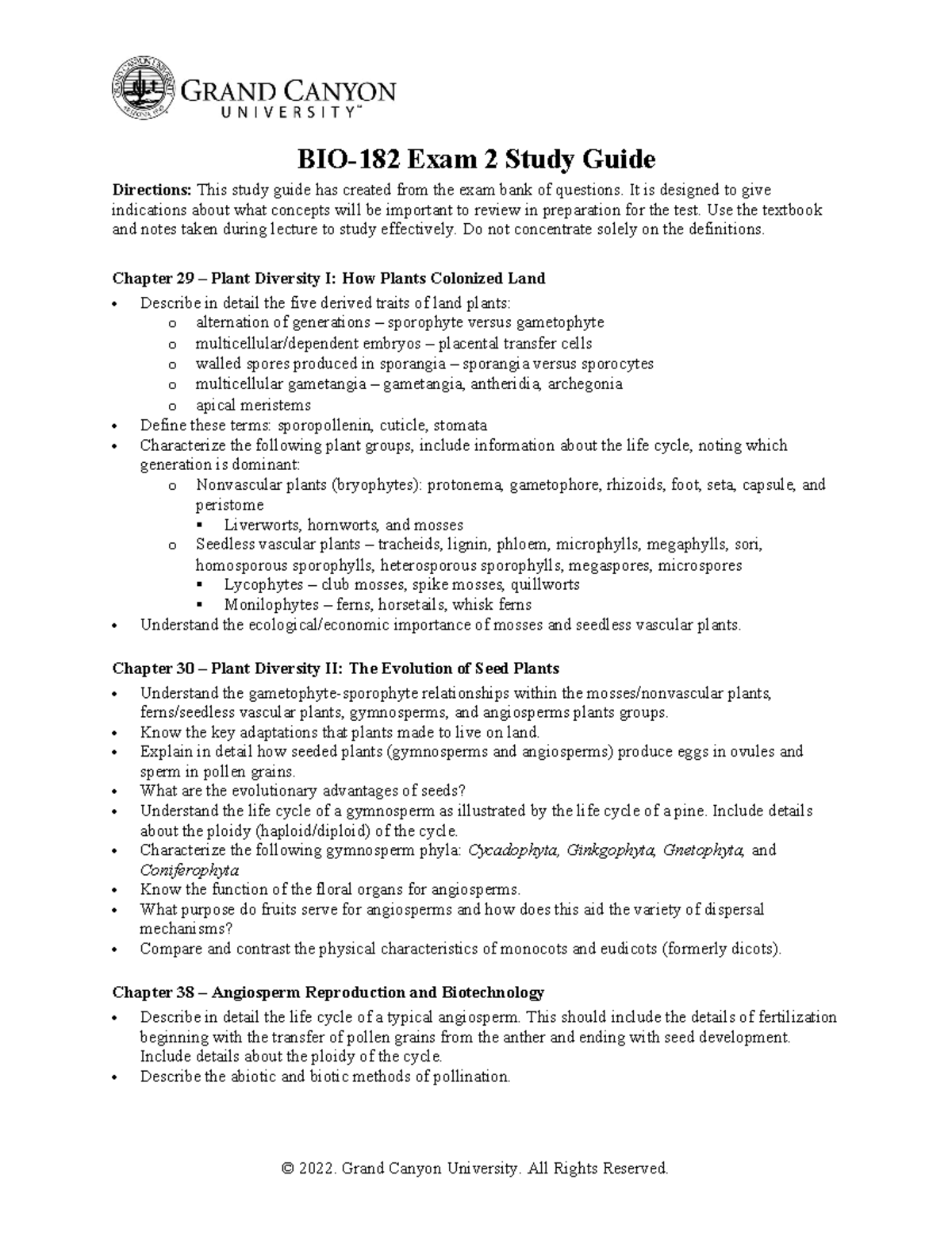 BIO 182 RS Exam2Study Guide - BIO-182 Exam 2 Study Guide Directions ...