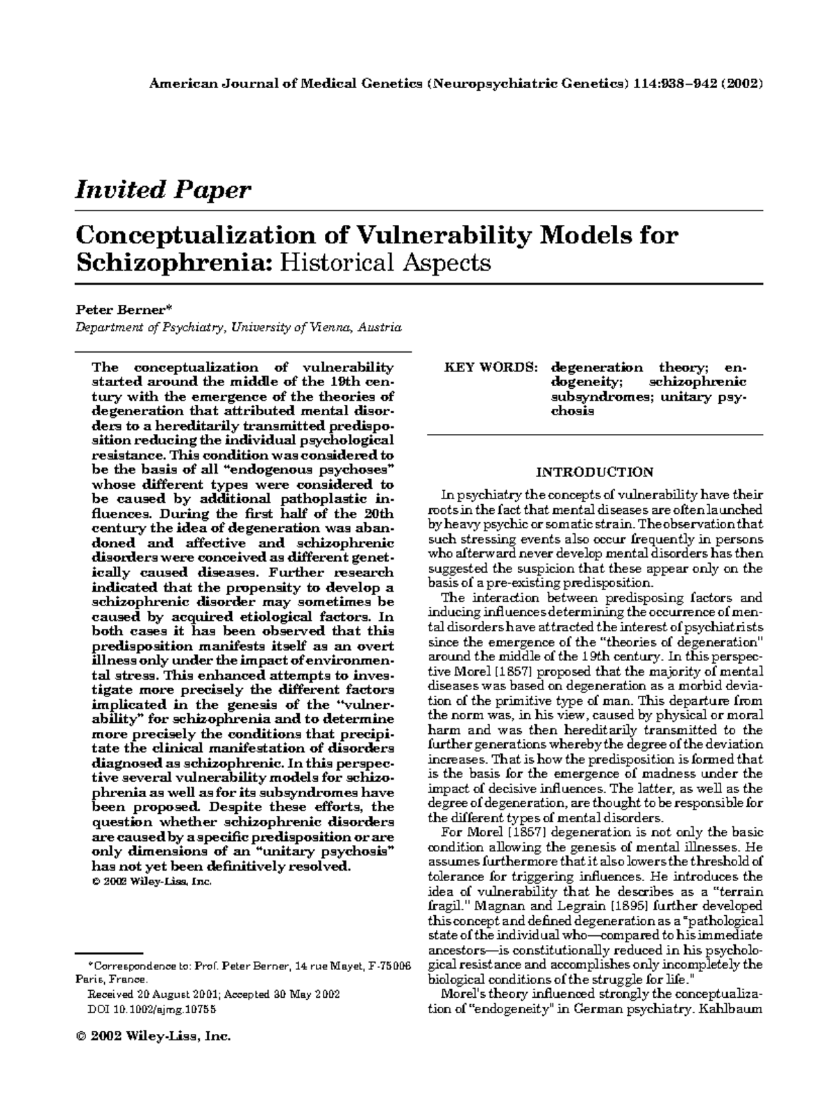 Vulnerability Models for Schizophrenia: Historical Perspectives (Psych ...