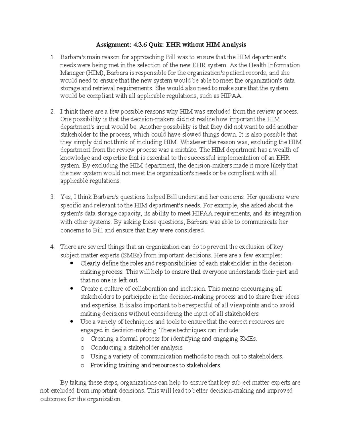 Assignment 4.3.6 Quiz EHR without HIM Analysis Le - Assignment: 4.3 ...