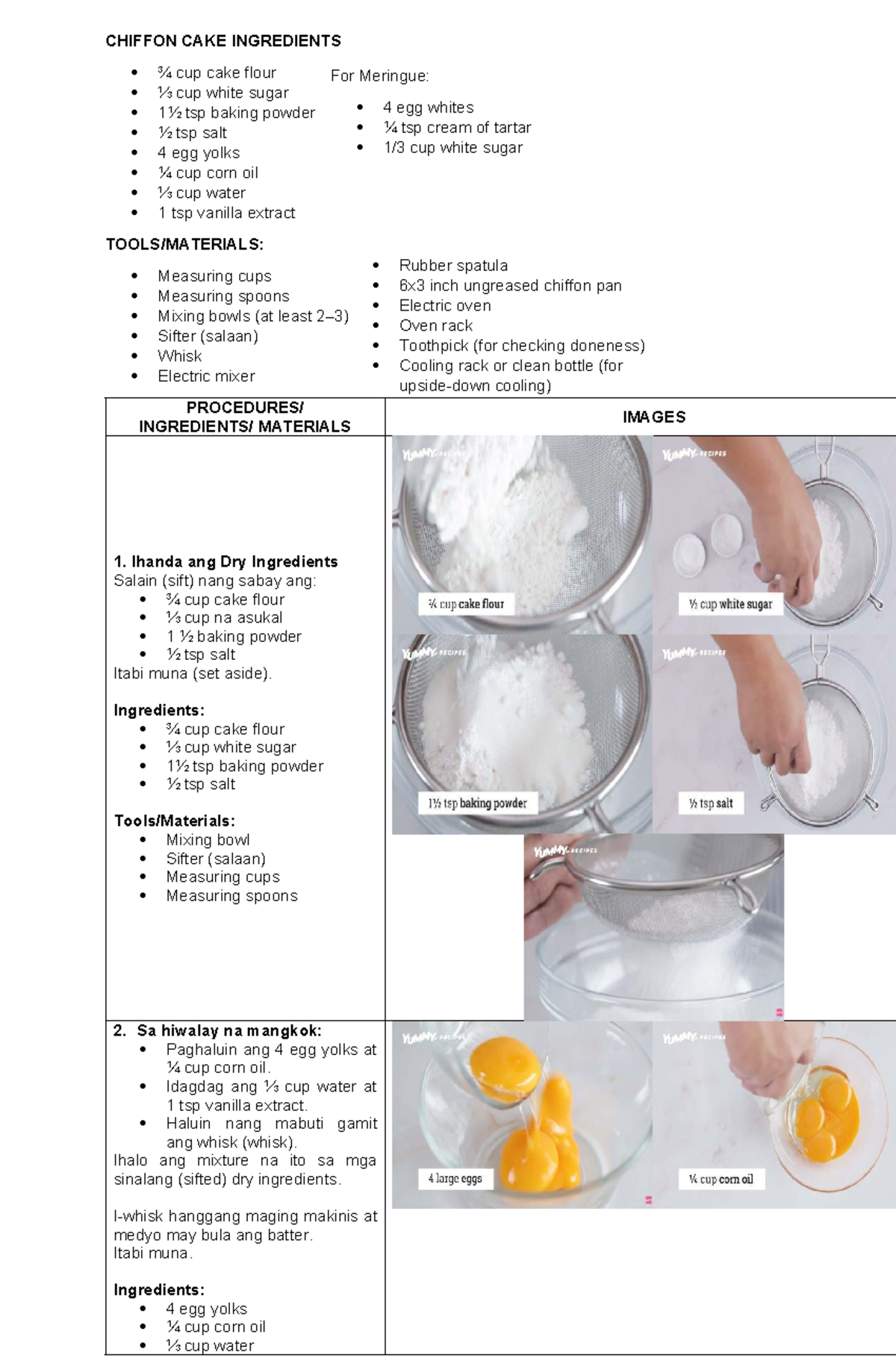 CHM 101: Chiffon Cake Ingredients & Baking Procedures - Studocu
