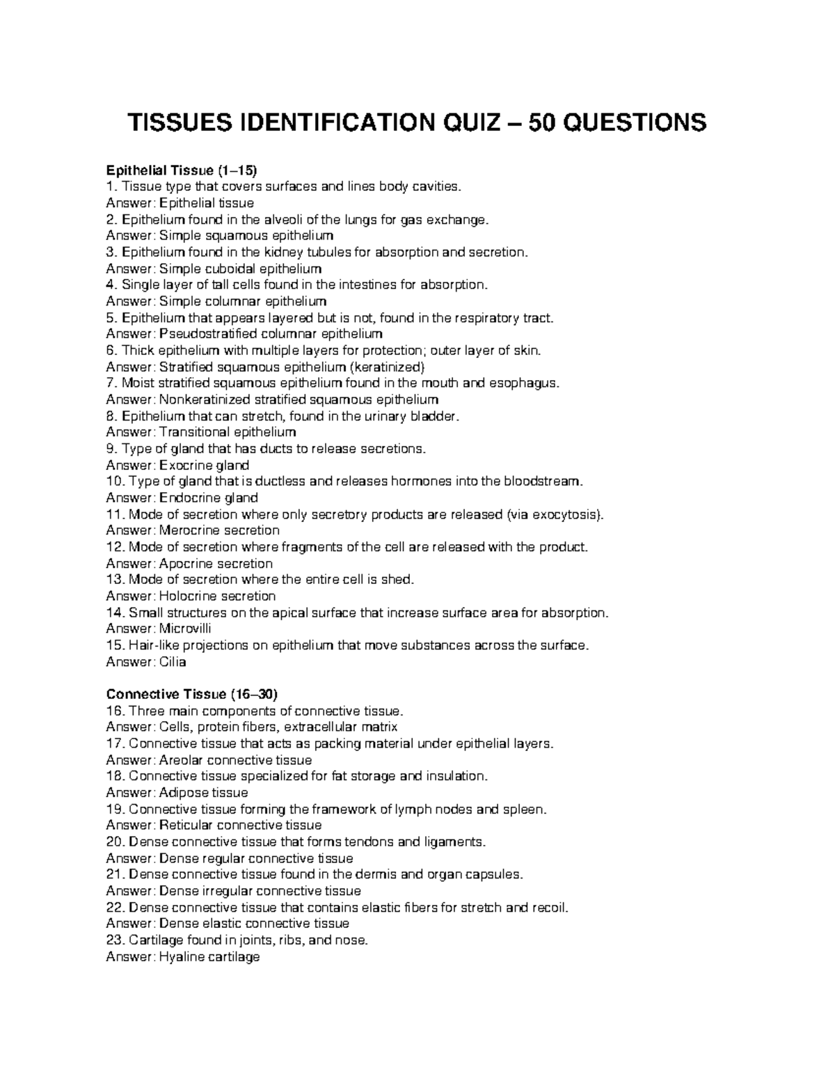 TISSUES IDENTIFICATION QUIZ (50 Qs) - Epithelial, Connective, Muscle ...