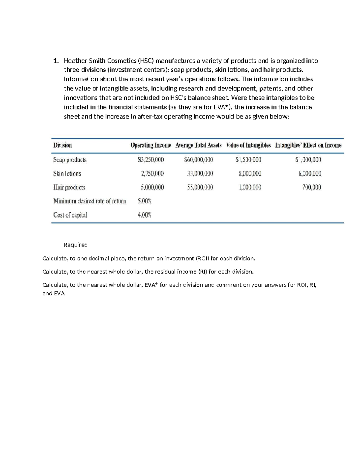 HSC Investment Center Analysis: ROI, RI, and EVA Calculations - Studocu