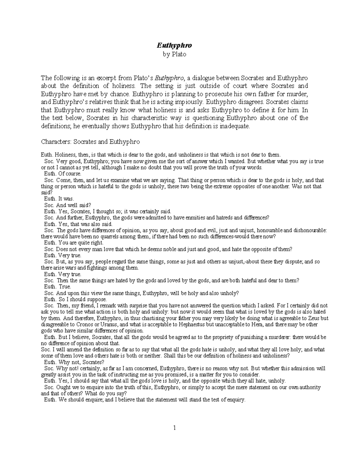 Euthyphro Dialogue Analysis: Defining Holiness in Plato's Work - Studocu