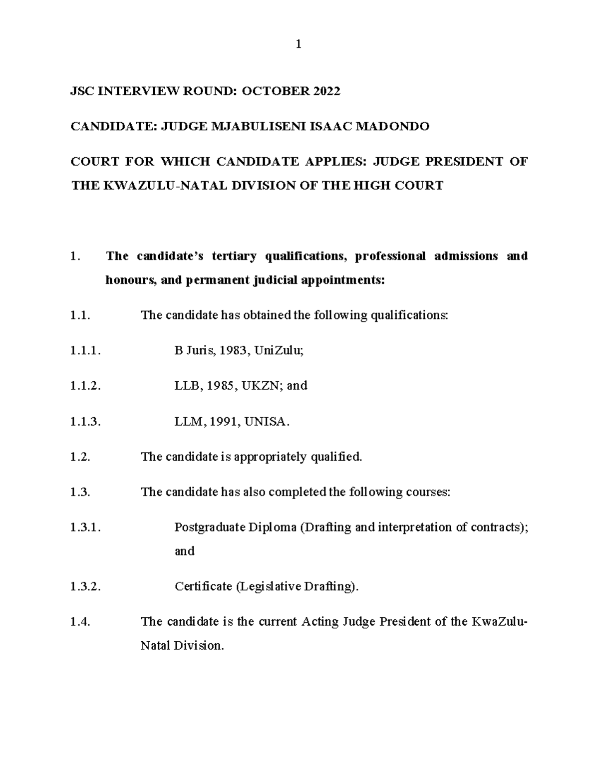 JSC Interview Memo: Judge Mjabuliseni Isaac Madondo, KZN High Court ...