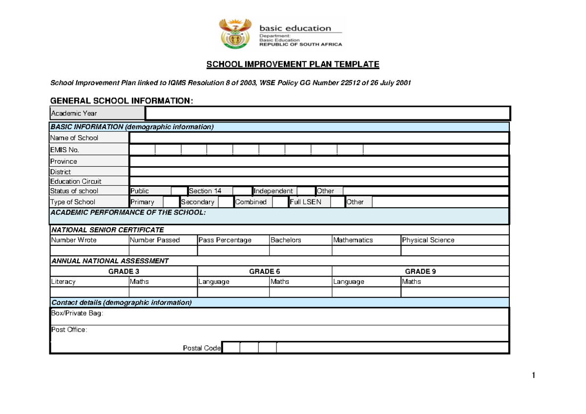 School Improvement Plan Template 1 - SCHOOL IMPROVEMENT PLAN TEMPLATE ...