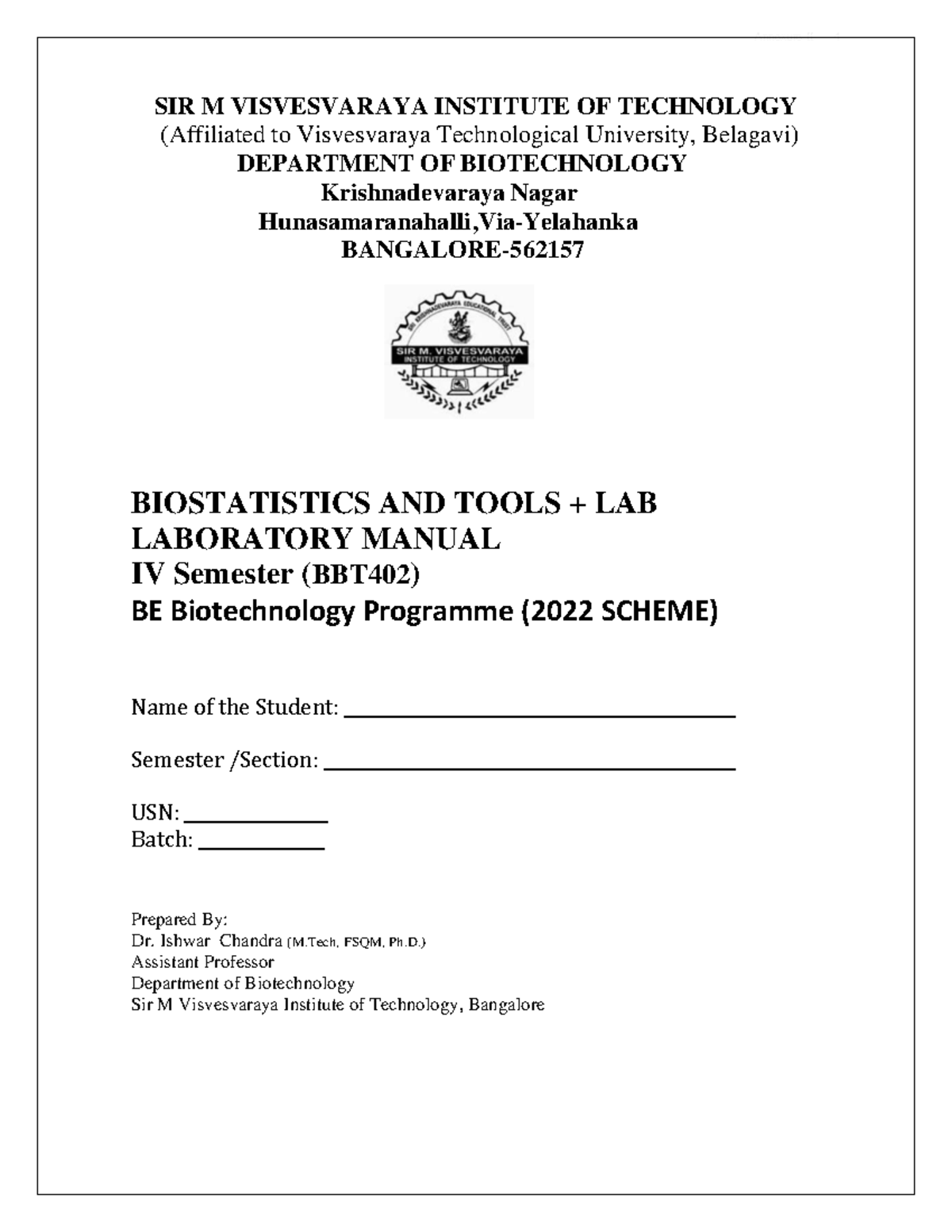 Biostatistics Lab manual of 4th semester Biotechnology - Annexure-II 4 SIR M VISVESVARAYA ...