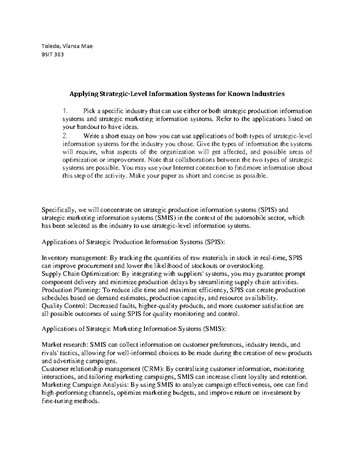 BSIT 30 3: Strategic-Level Information Systems in the Automobile ...