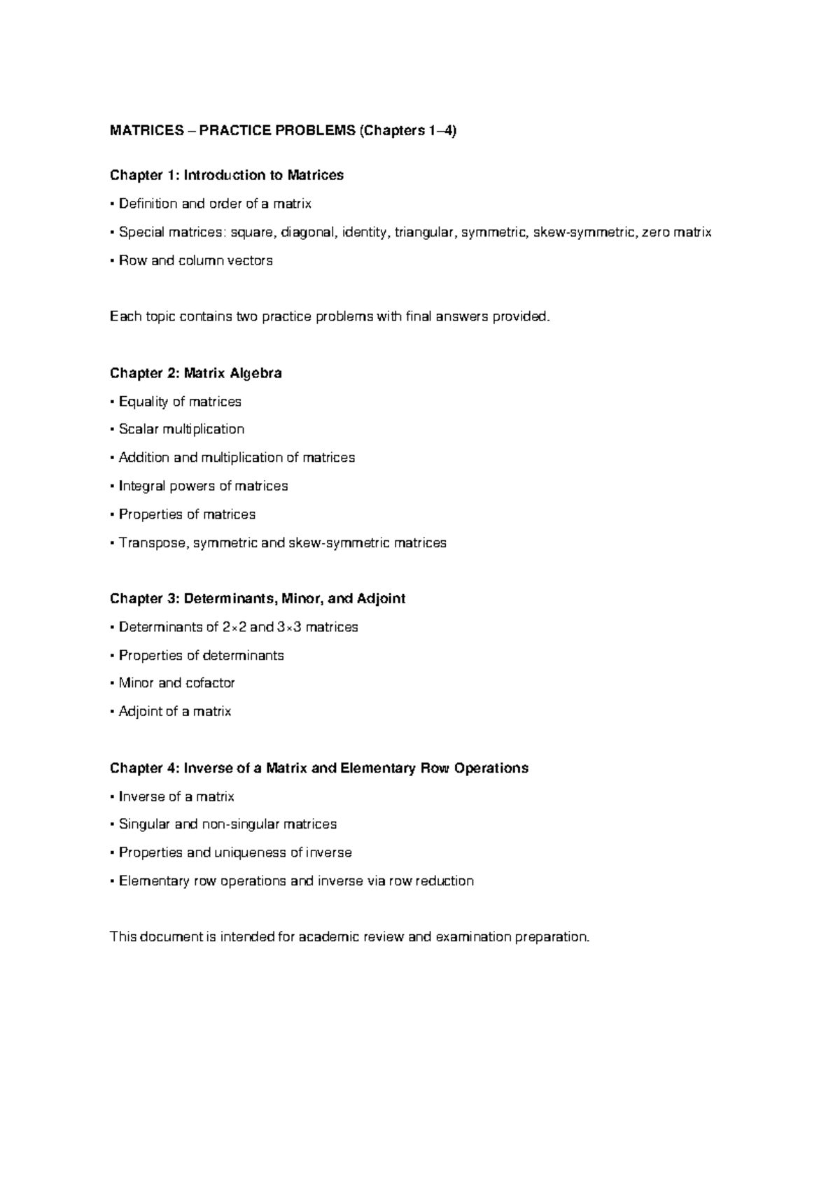 MATRICES PRACTICE PROBLEMS (Chapters 1-4) for Exam Prep - Studocu