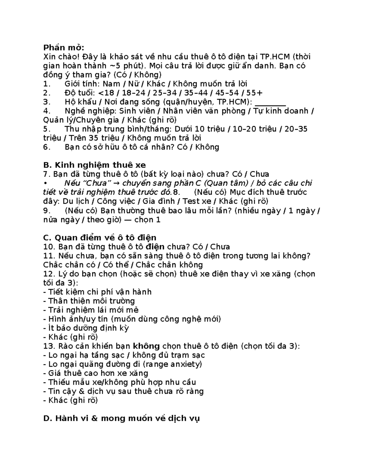 Khảo Sát Nhu Cầu Thuê Ô Tô Điện Tại TP.HCM - BẢNG KHẢO SAT - Studocu
