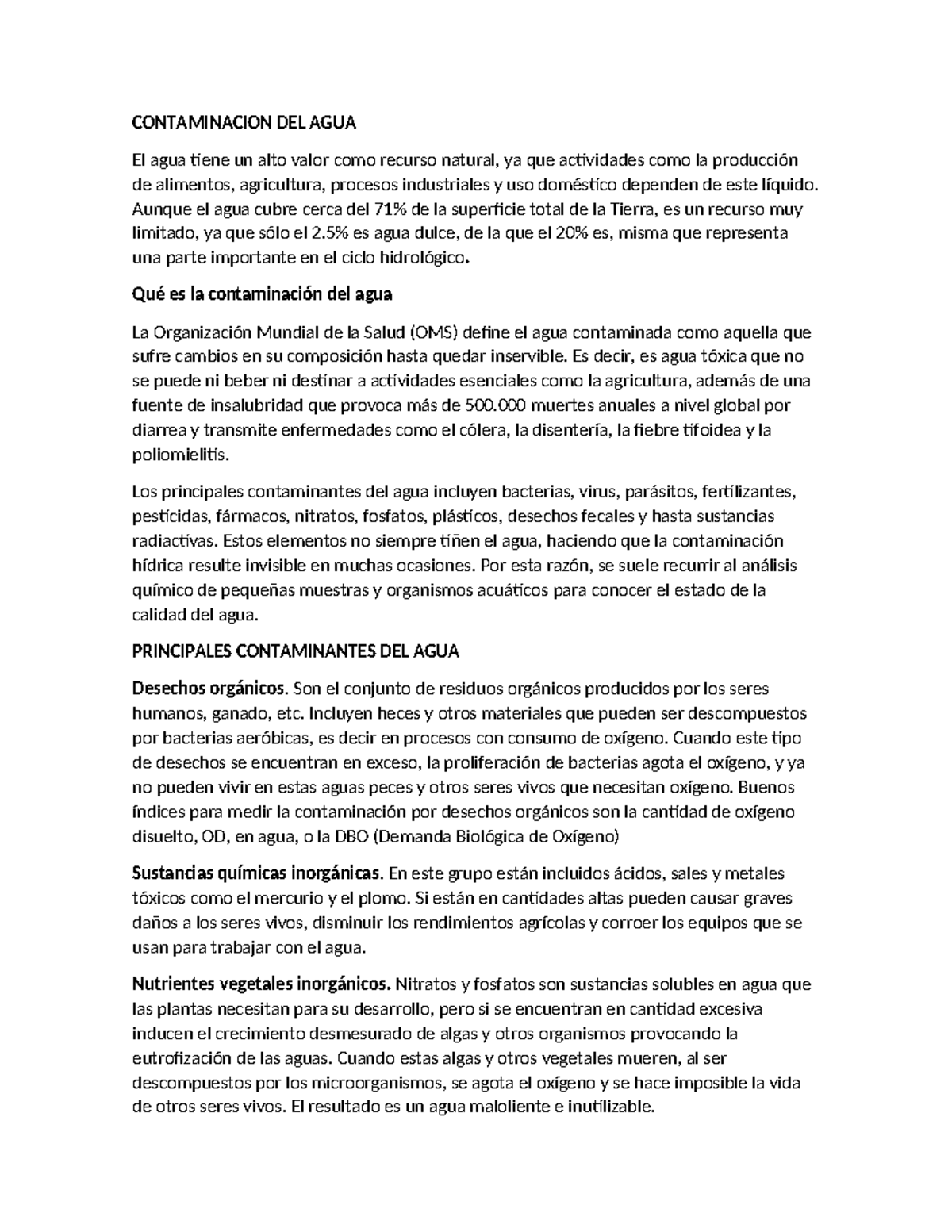 Contaminación del Agua: Causas, Efectos y Soluciones - Studocu