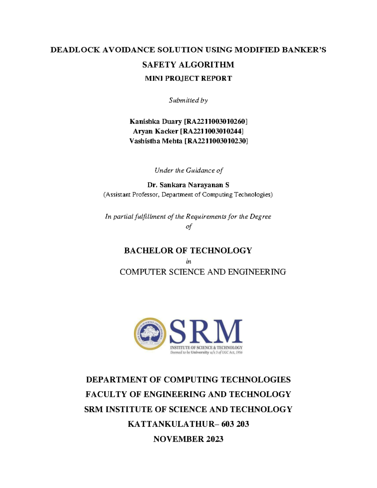 Deadlock Avoidance Using Modified Banker's Algorithm - OS Project Report - Studocu