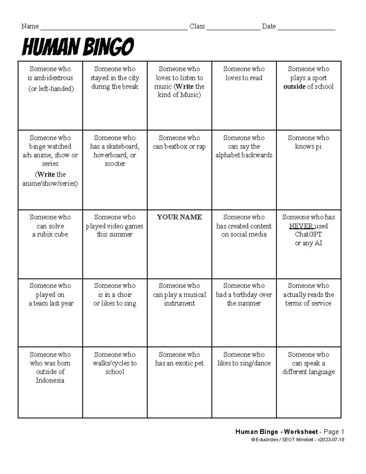 Human Bingo - Worksheet for Class Activity (v2023-07-18) - Studocu