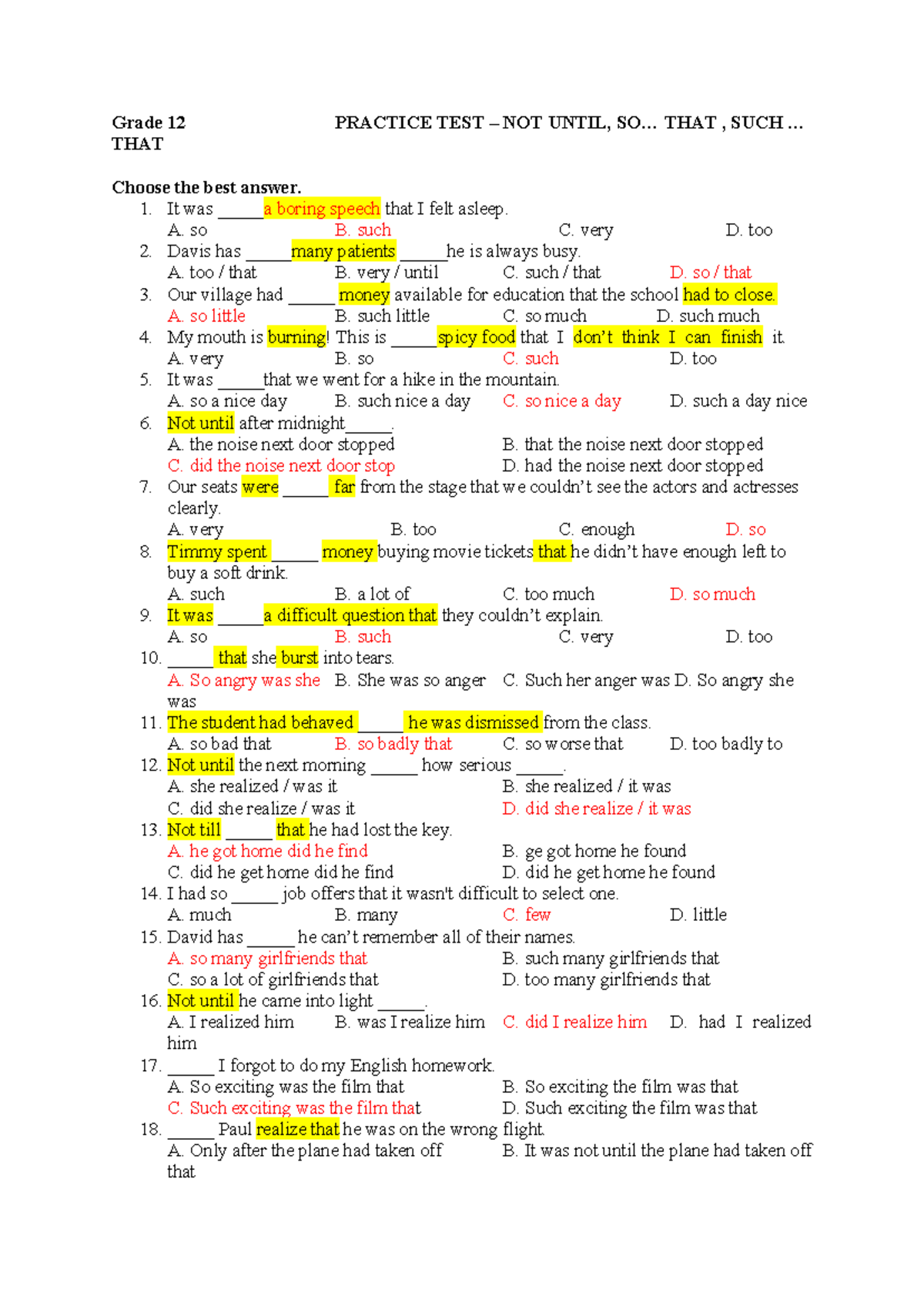 Grade 12 Practice Test on "So", "Such", "Too", and "Very" - Studocu