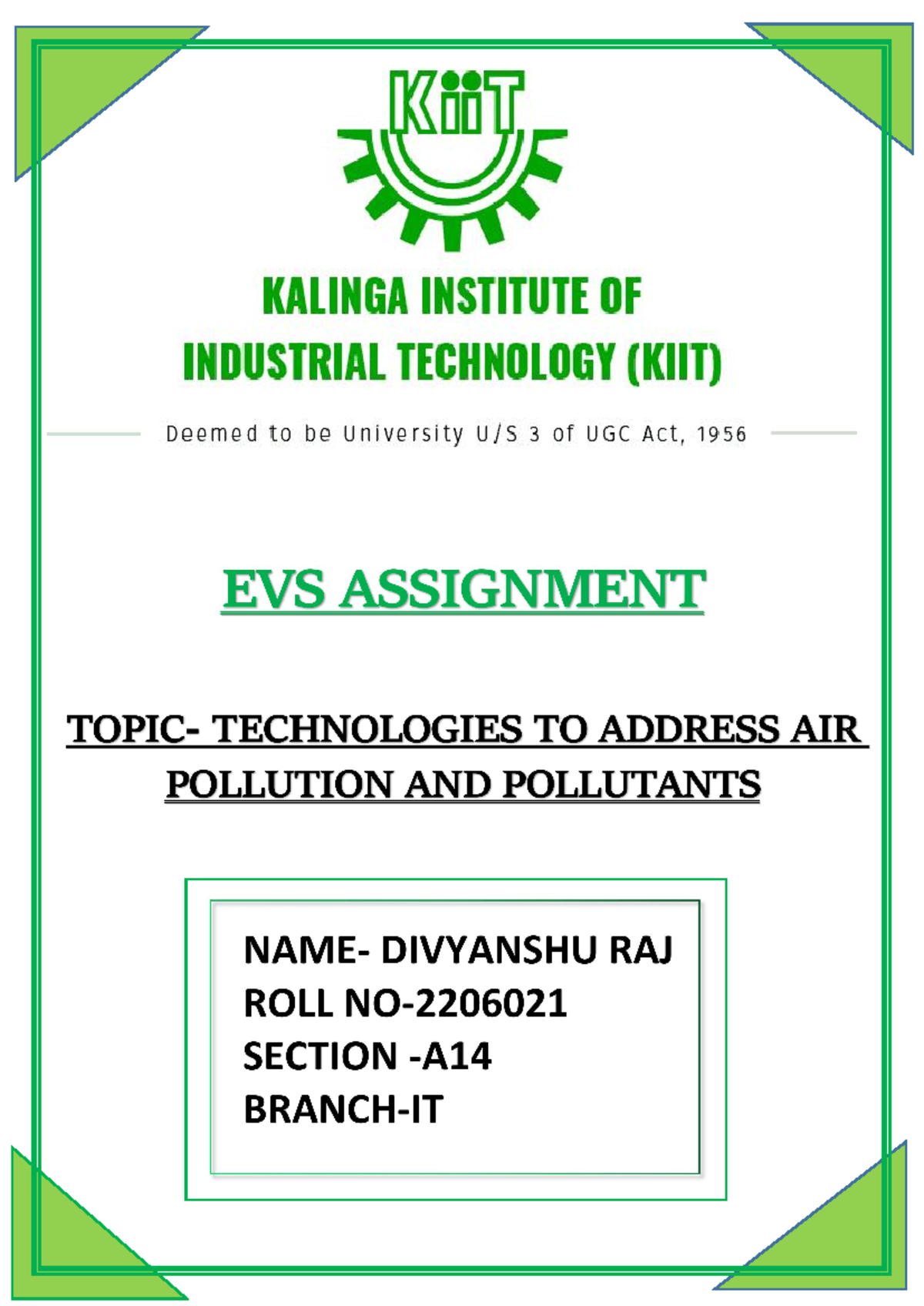 EVS 101 Assignment on Air Pollution Control Technologies - Studocu