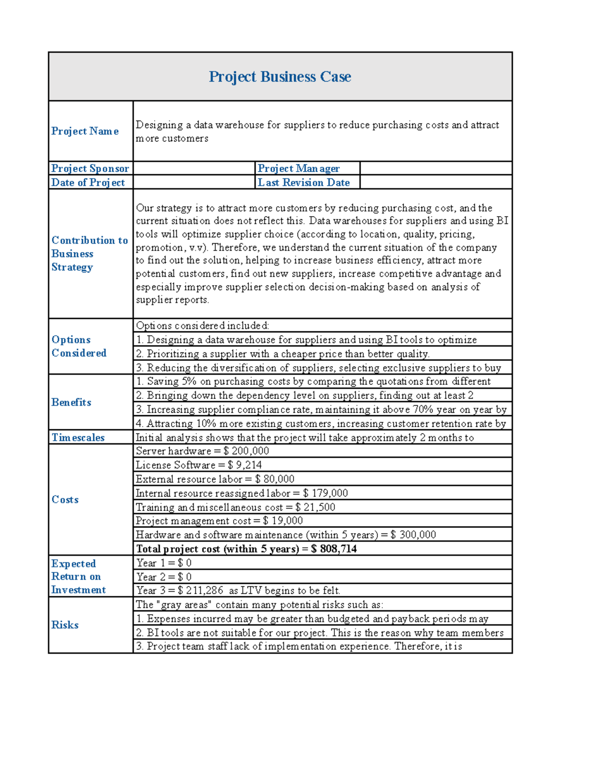 Phase 1 - Business Case, Project Charter.xlsx - Project business case ...