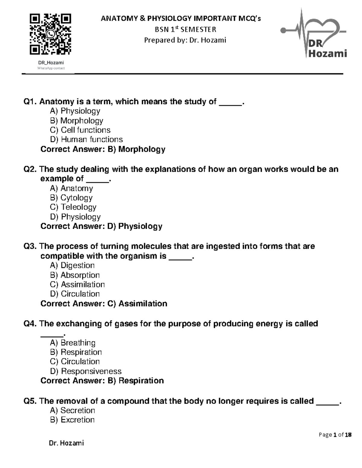 Anatomy & Physiology 100 Important MCQ's for BSN 1st Sem by Dr. Hozami - Studocu
