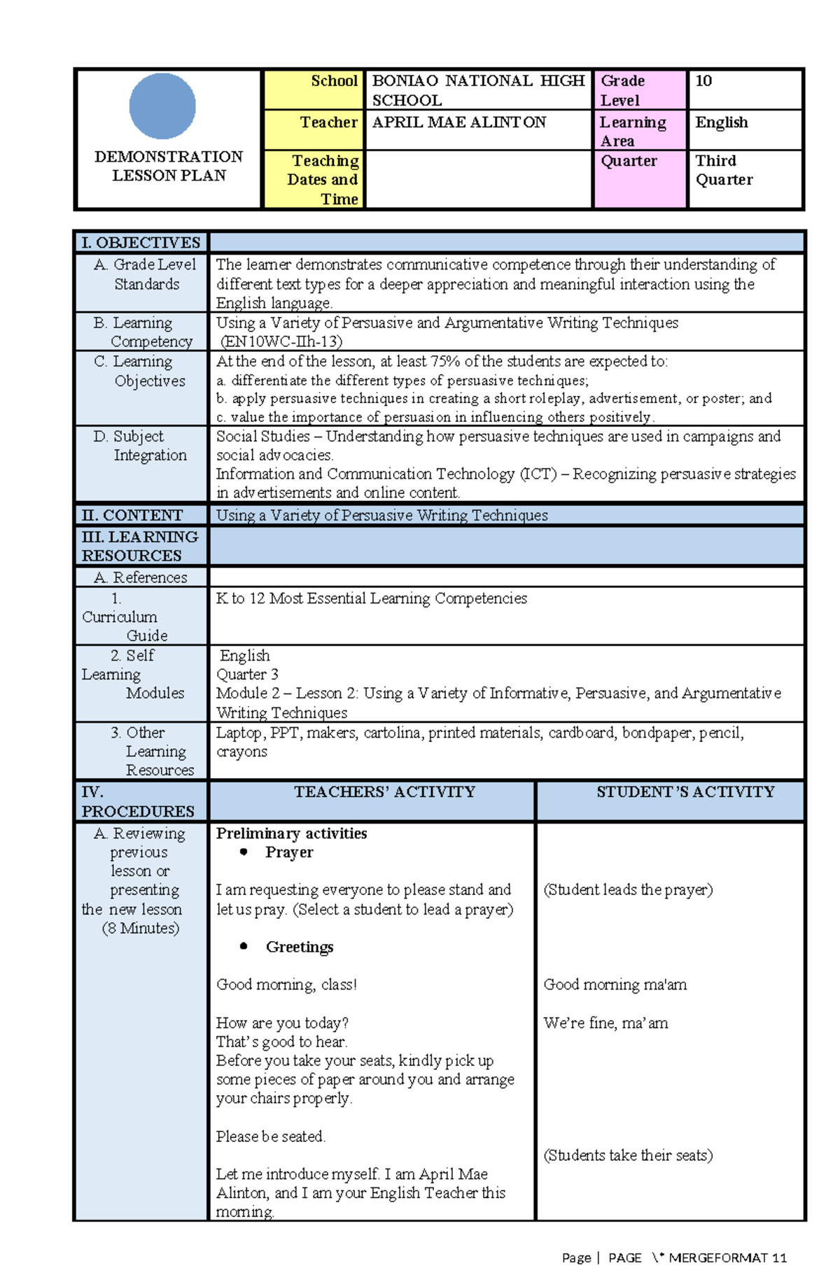 Revised Lesson Plan for Demo: Using Persuasive Techniques in English 10 ...