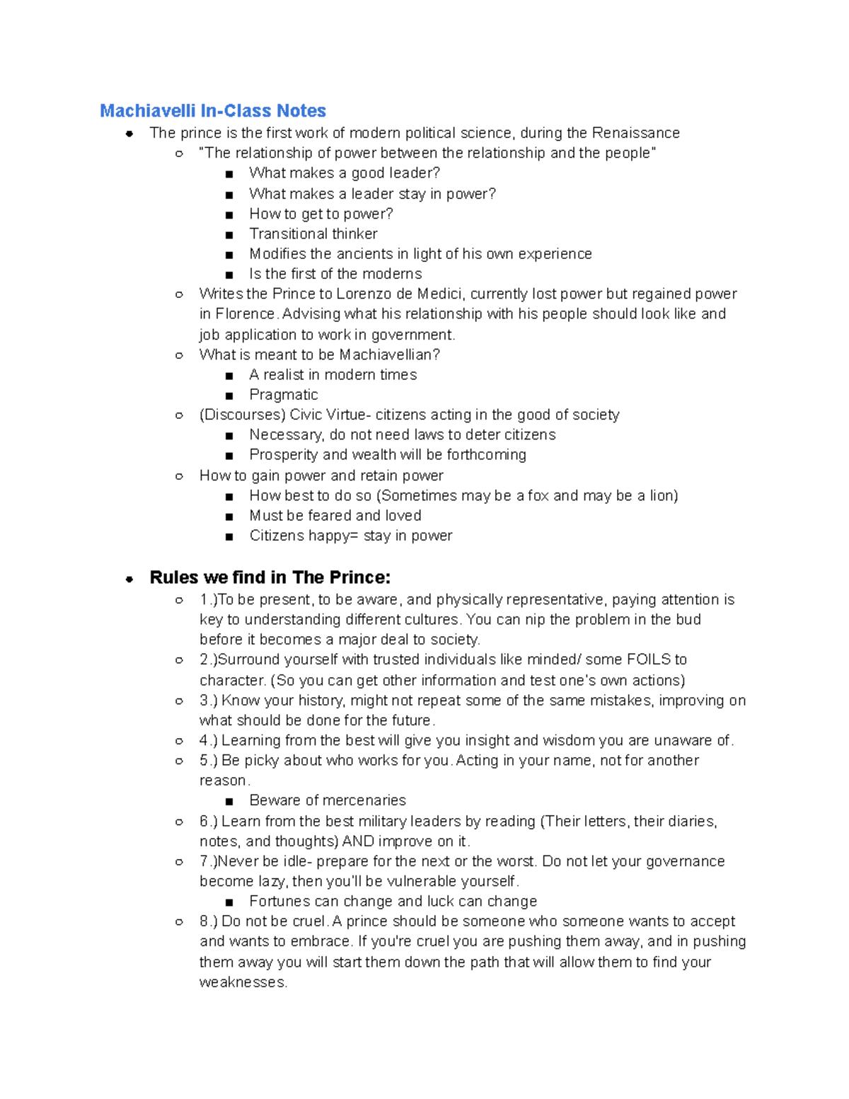 Machiavelli Notes and The Prince Notes - Machiavelli In-Class Notes The ...