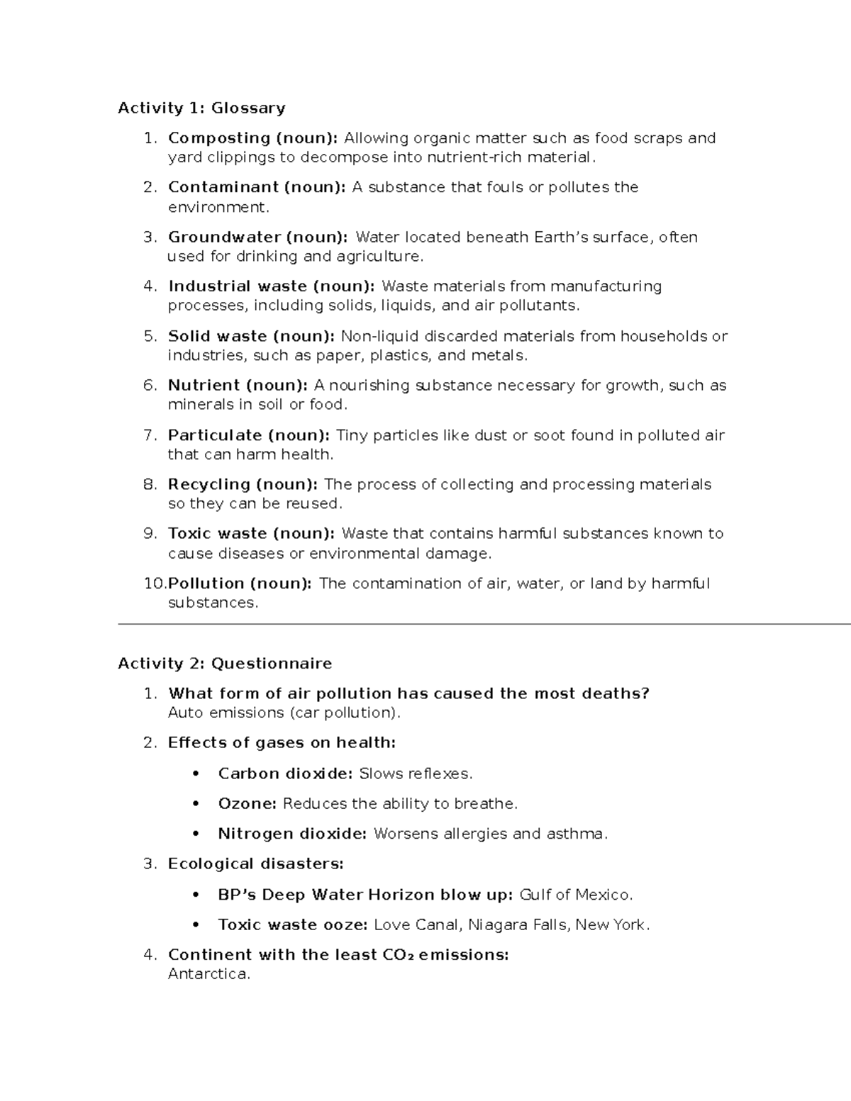 Activity 1: Environmental Glossary and Questionnaire Notes - Studocu