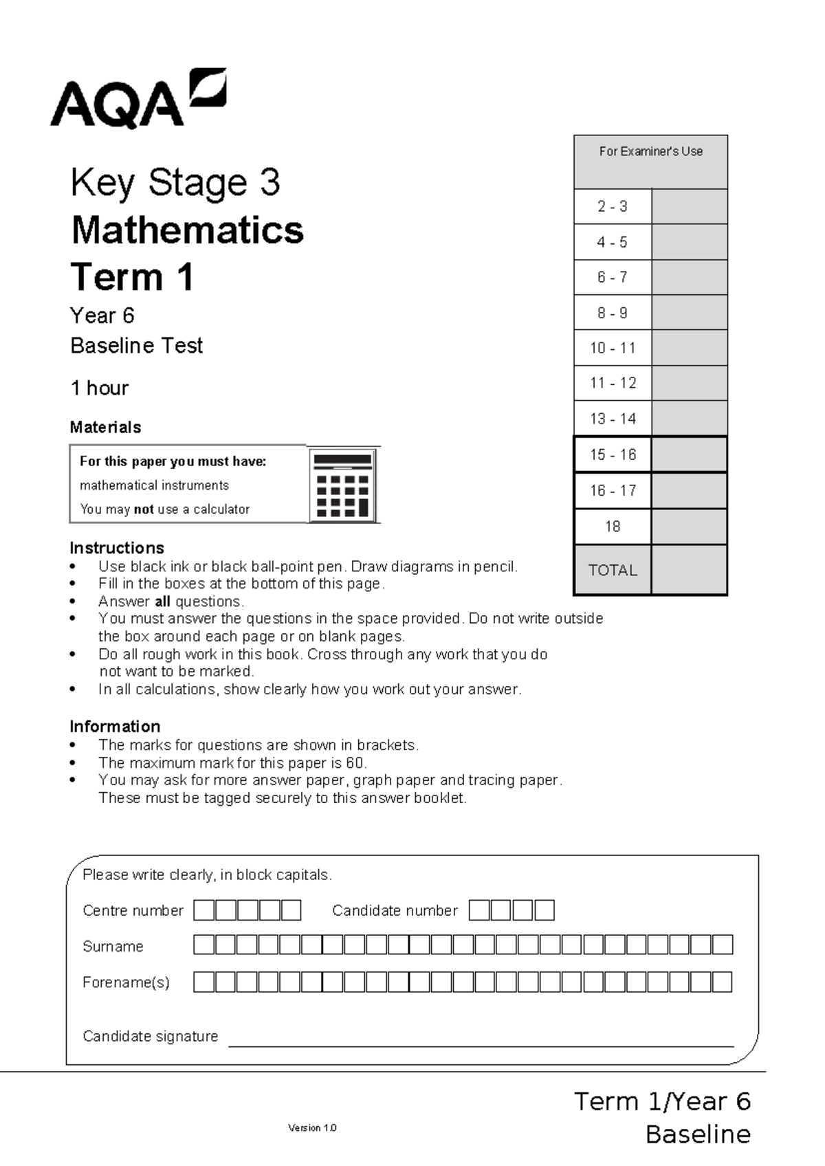 Year 7 Mathematics Baseline Test - Term 1 - Studocu