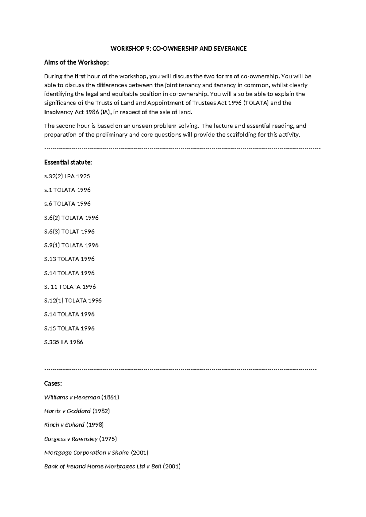 Workshop 9 CO- Ownership Questions - WORKSHOP 9: CO-OWNERSHIP AND ...