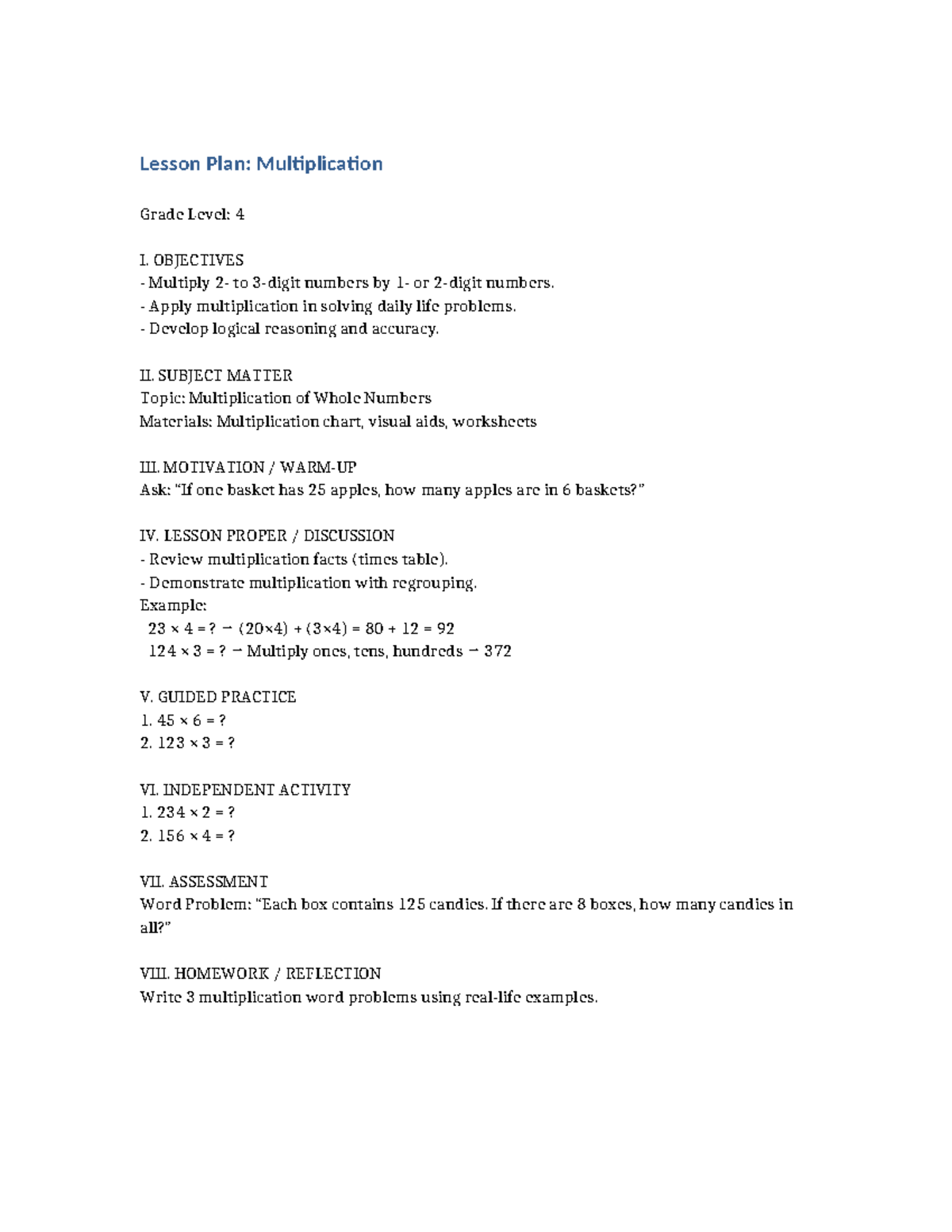 Grade 4 Multiplication Lesson Plan: Objectives & Activities - Studocu