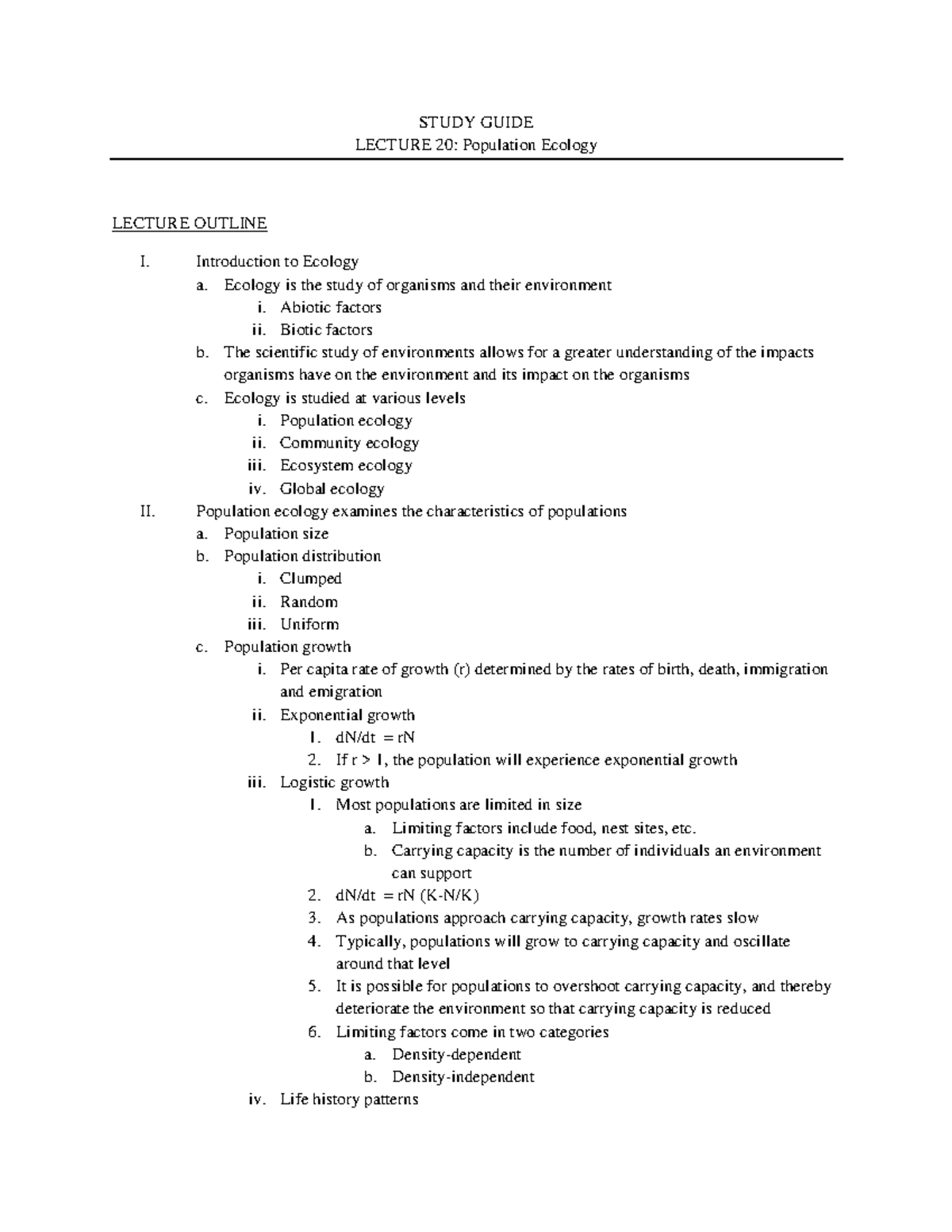 Lecture 20 Study Guide: Key Concepts in Population Ecology - Studocu