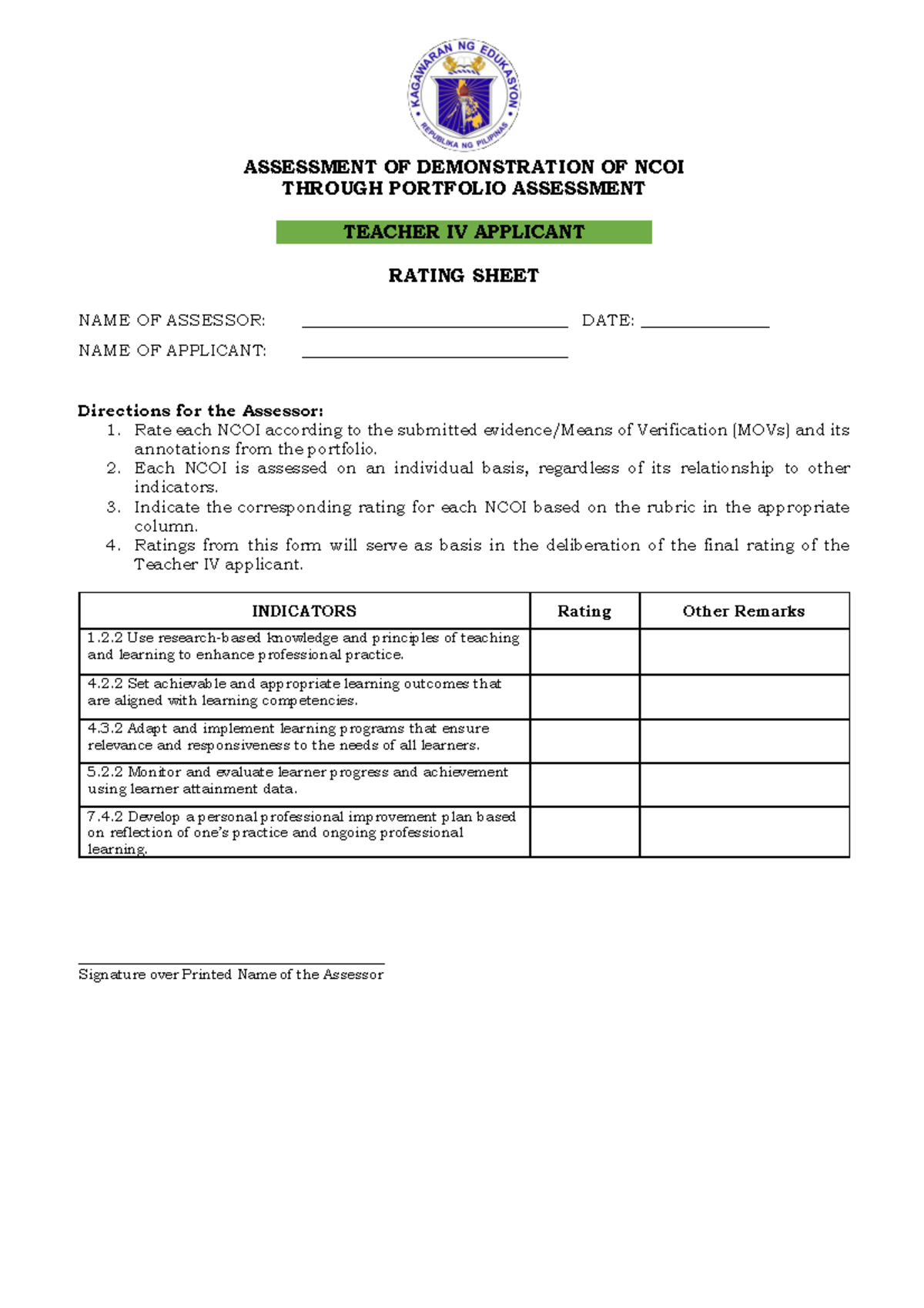 NCOI Assessment Rating Sheet for Teacher IV Applicants - Studocu