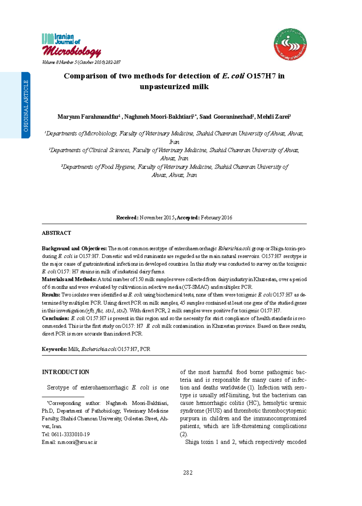 ART 1: Comparison of Conventional and PCR Methods for E. coli O157:H7 ...