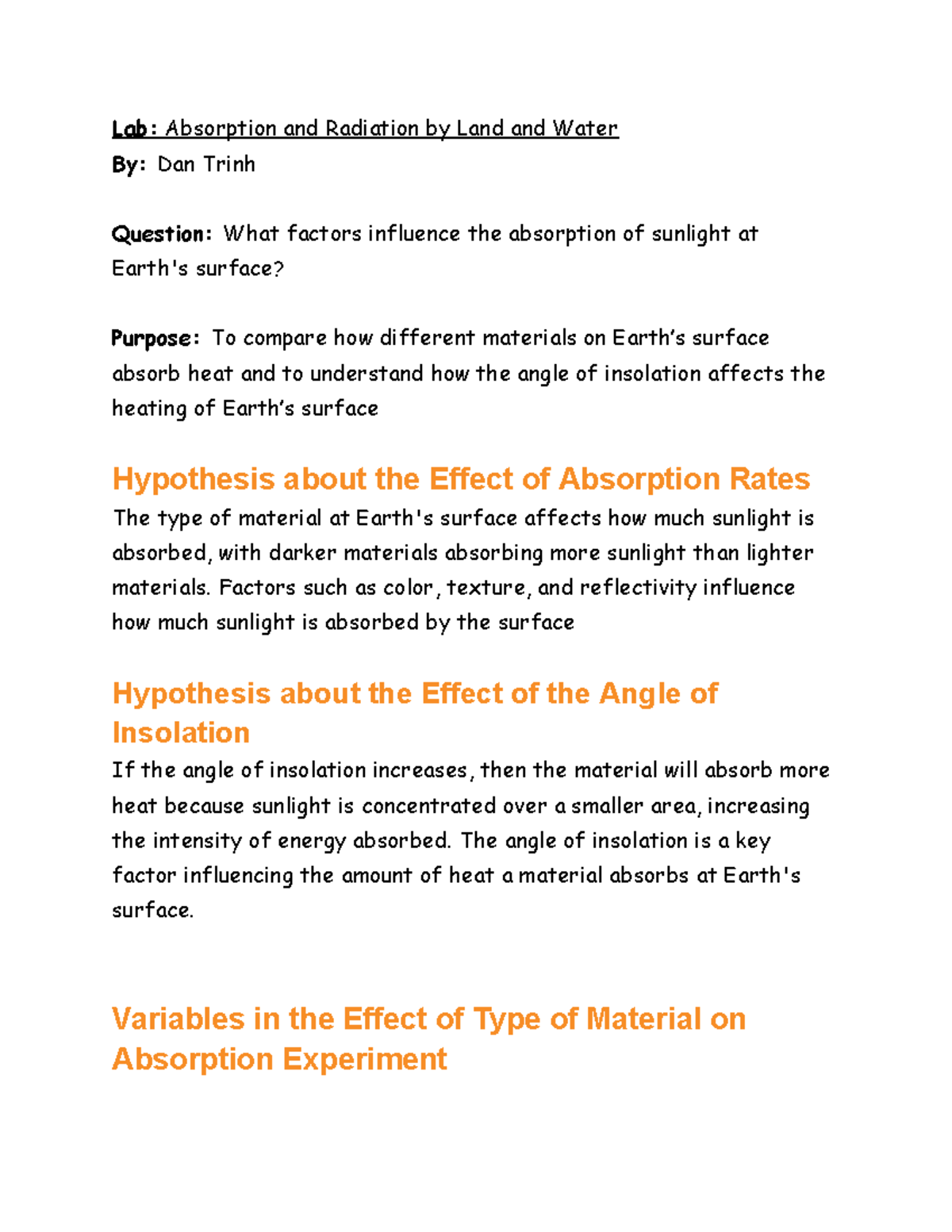 Lab Absorption and Radiation by Land and Water - Factors such as color ...