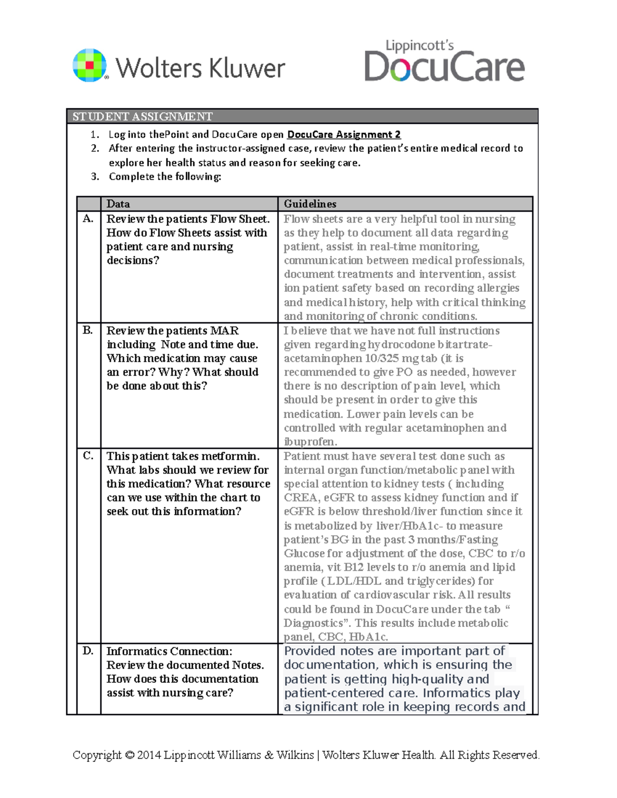 DocuCare Assignment 2 - Patient Care and Informatics Insights - Studocu